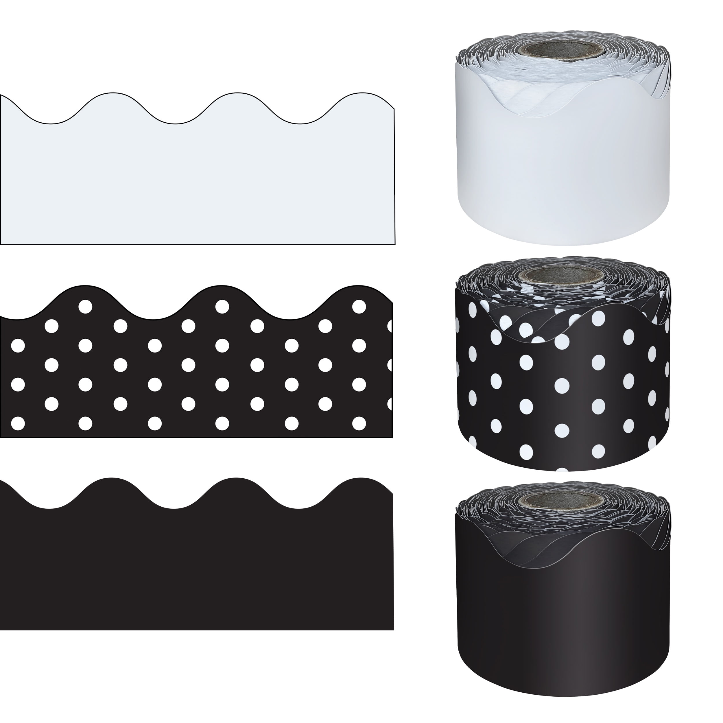 Carson Dellosa 65' Black, White, & Polka Dot 3 Pack Rolled Scalloped ...