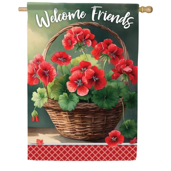 Carson Geranium Basket House Flag, 28 x 40 inch Double Sided, Welcome Friends Banner, Red ...