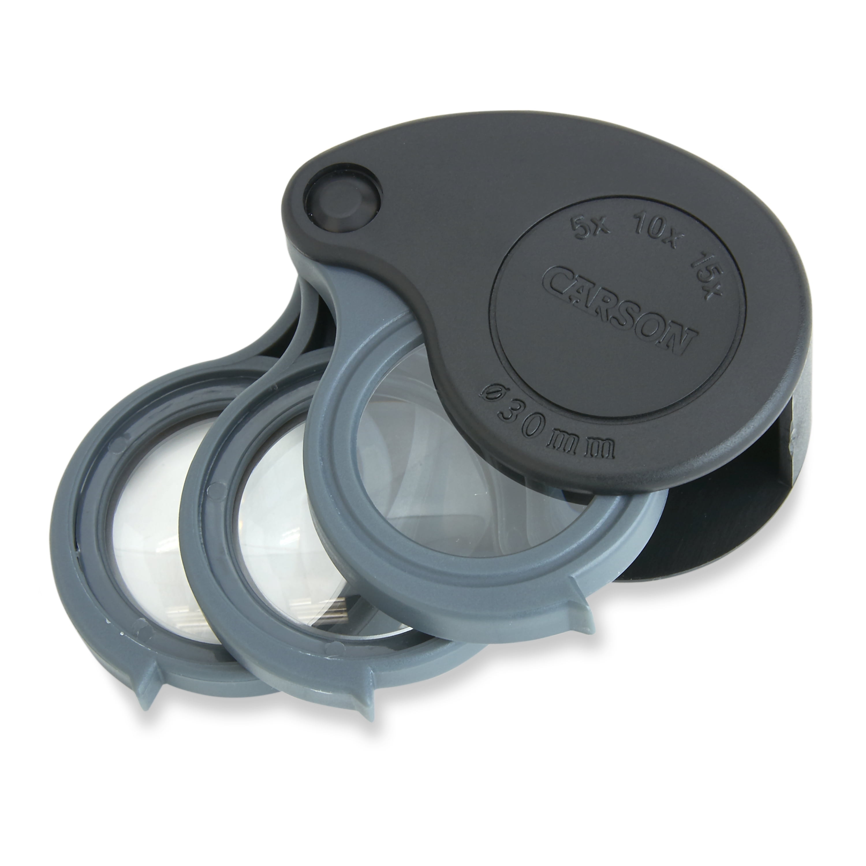 Carson TriView Folding Loupe Magnifier with Built-in Case, 5x/10x/15x ...