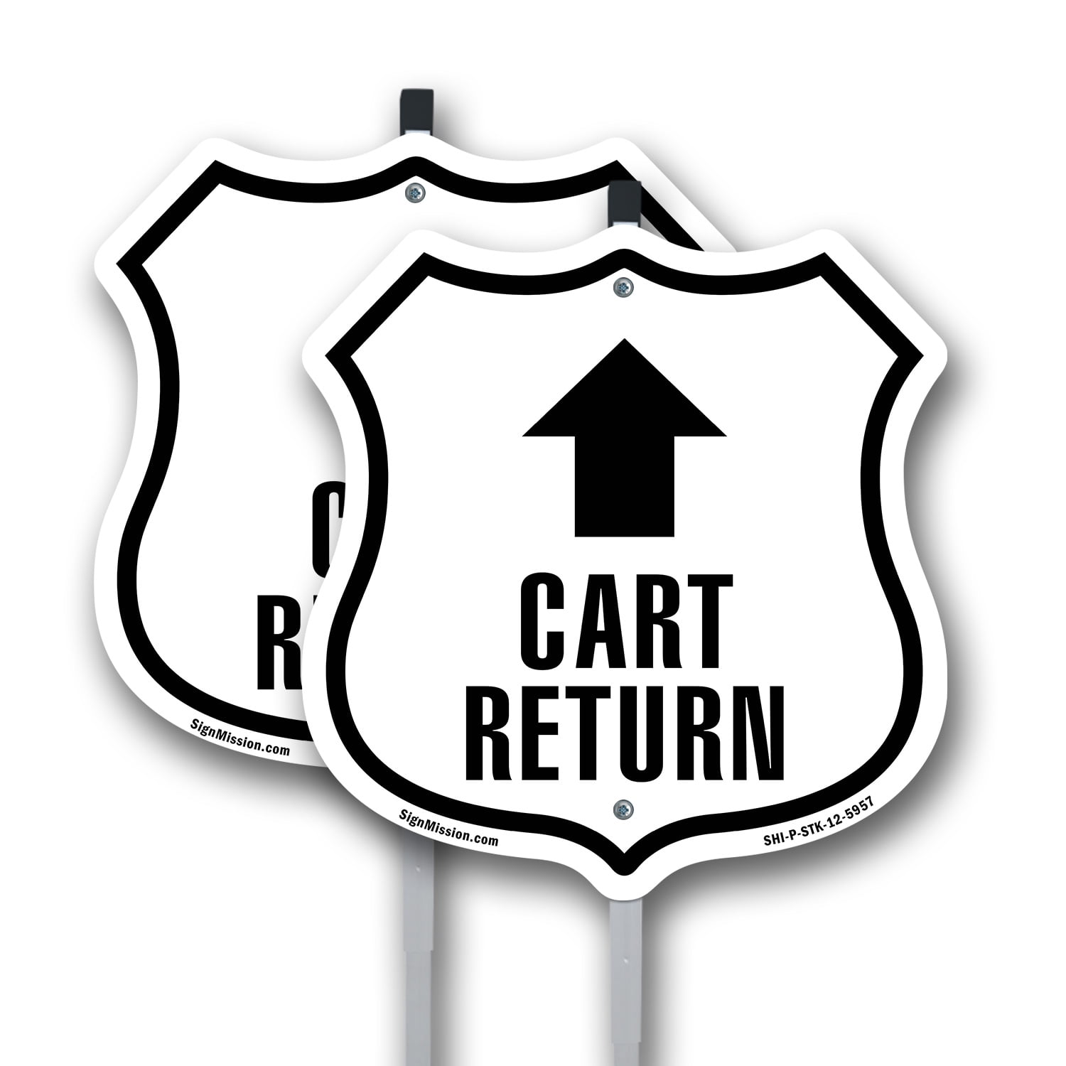 Cart Return Up (2 Pack) 12 inch X 12 inch Shield Shaped Commercial Grade Plastic Signs with ...