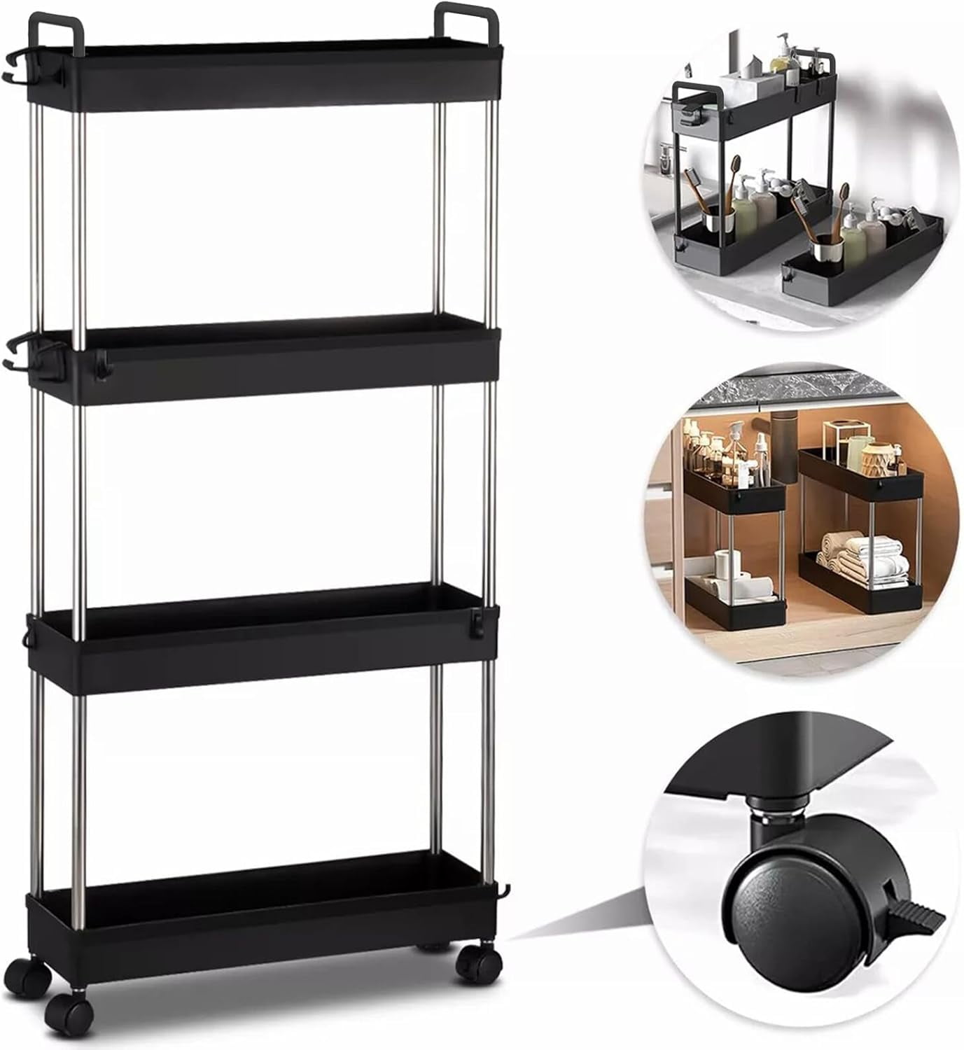 Cart Storage Rack,Black Slim Storage Cart 4 Tier,Mobile Shelving Unit ...