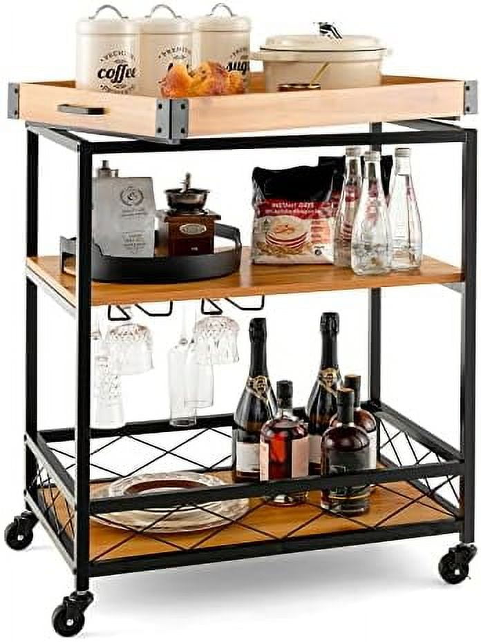 Cart on Wheels Mobile Serving Cart 3-Tier w/Removable Tray Glass Holder ...