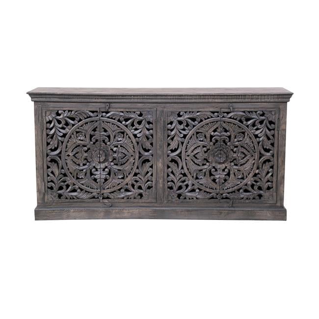Carter Flores Hand-Carved 4-Door Buffet Cabinet, Distressed Gray Finish ...