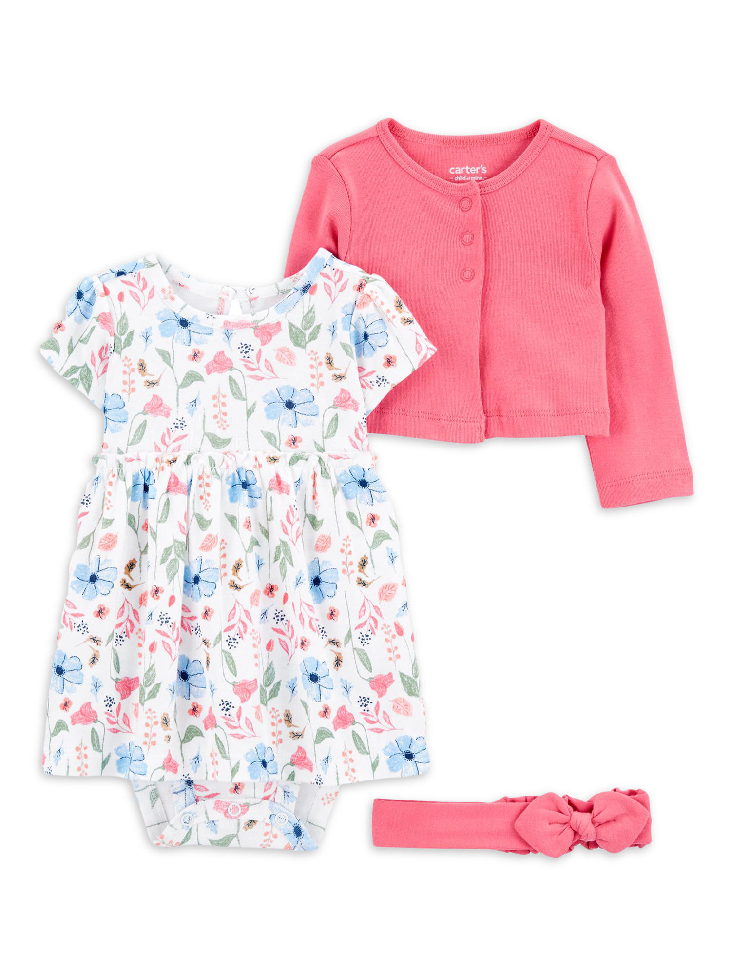Little Treasure Baby Girl Cotton Dress, Cardigan and Shoe 3pc Set ...