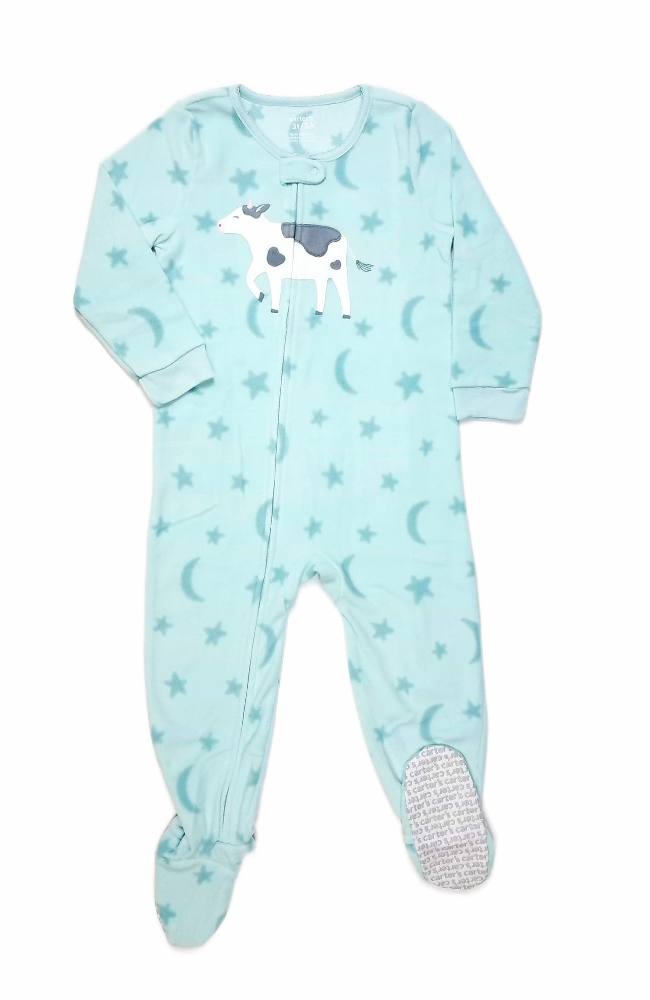 Carter's Toddler Girl's Cow Moon, Stars Turquoise Fleece Footed Pajama ...