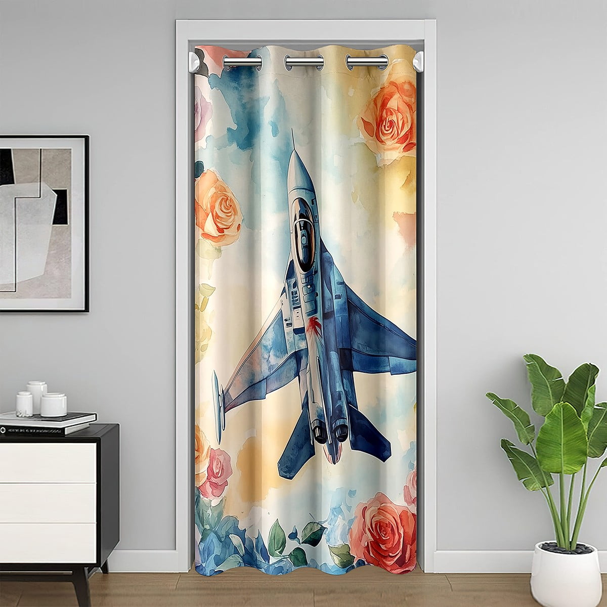 Cartoom Aircraft Door Drape Curtain,Watercolor Flower Print Blackout ...
