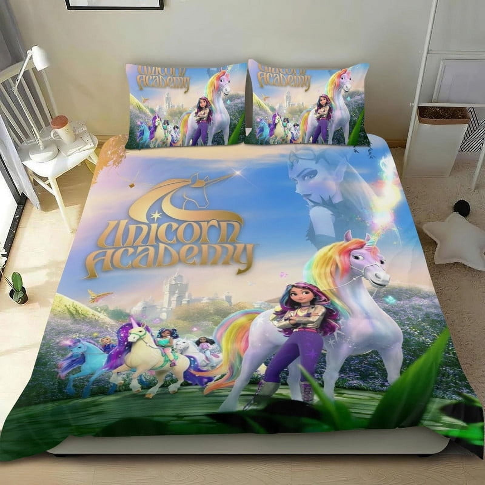 Cartoon 3 Piece Bedding Set Unicorn Academy Comforter Set Cute Duvet ...