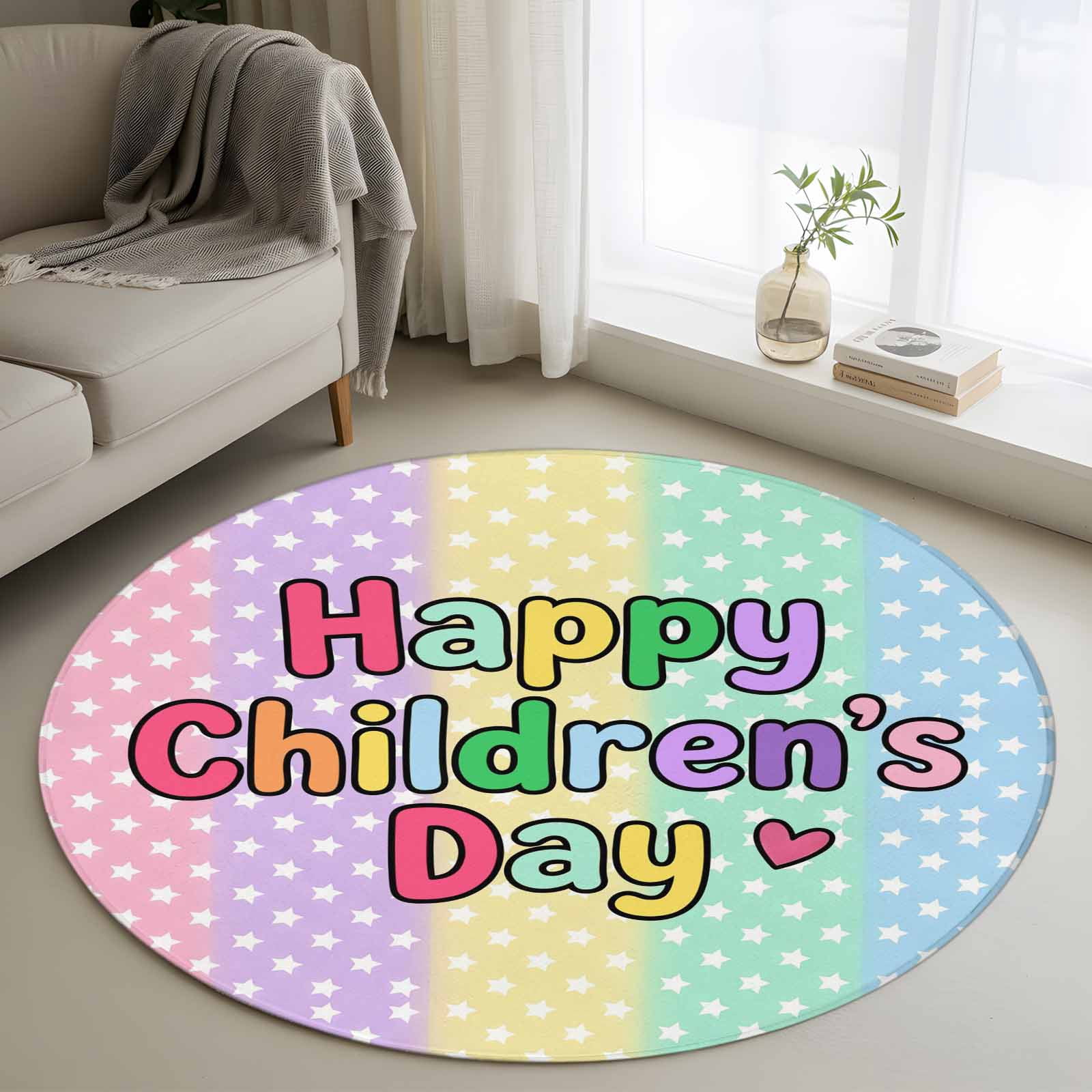 Cartoon 3FT Round Area Rugs Colorful Stripes Geometric White Star ...