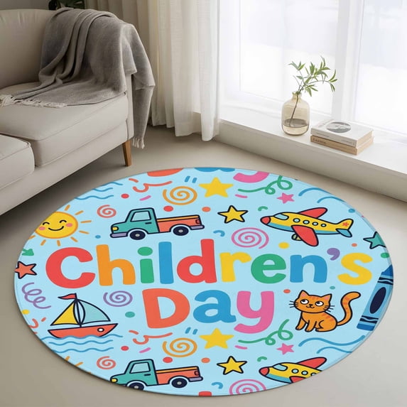Cartoon 3FT Round Area Rugs Watercolor Truck Funny Sun Cat Colorful ...