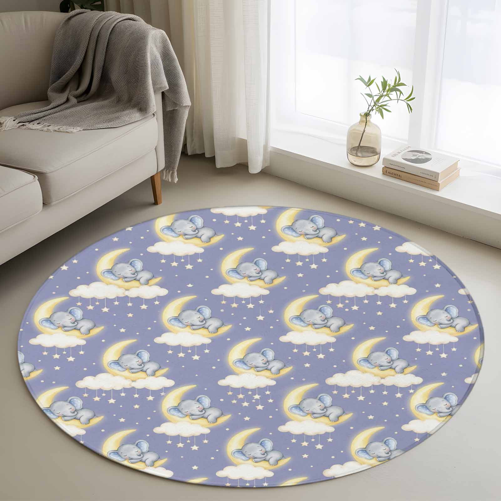 Cartoon 4FT Round Area Rugs Dreamy Purple Cute Sleeping Elephant Moon ...
