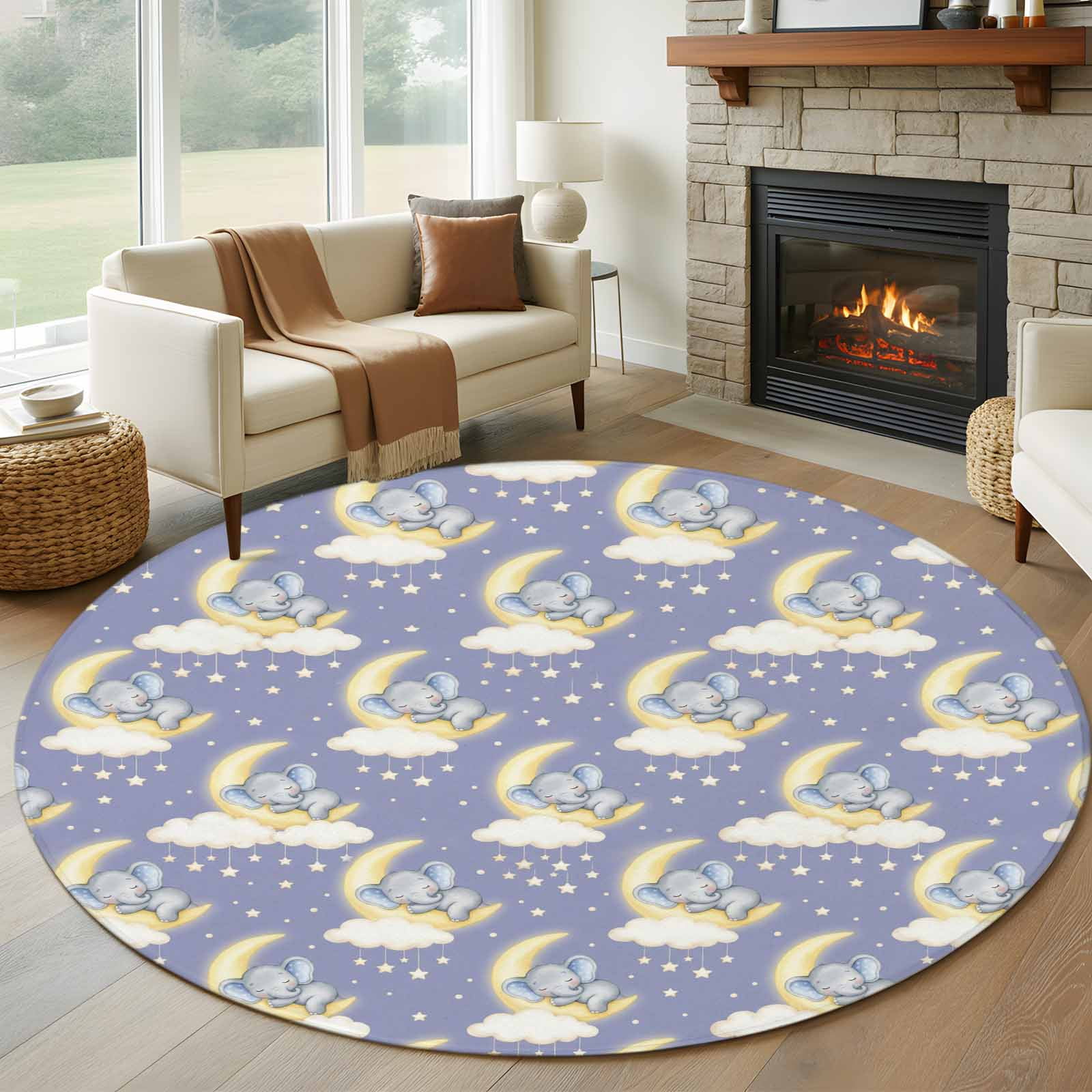 Cartoon 5FT Round Area Rugs for Living Room Dreamy Purple Cute Sleeping ...