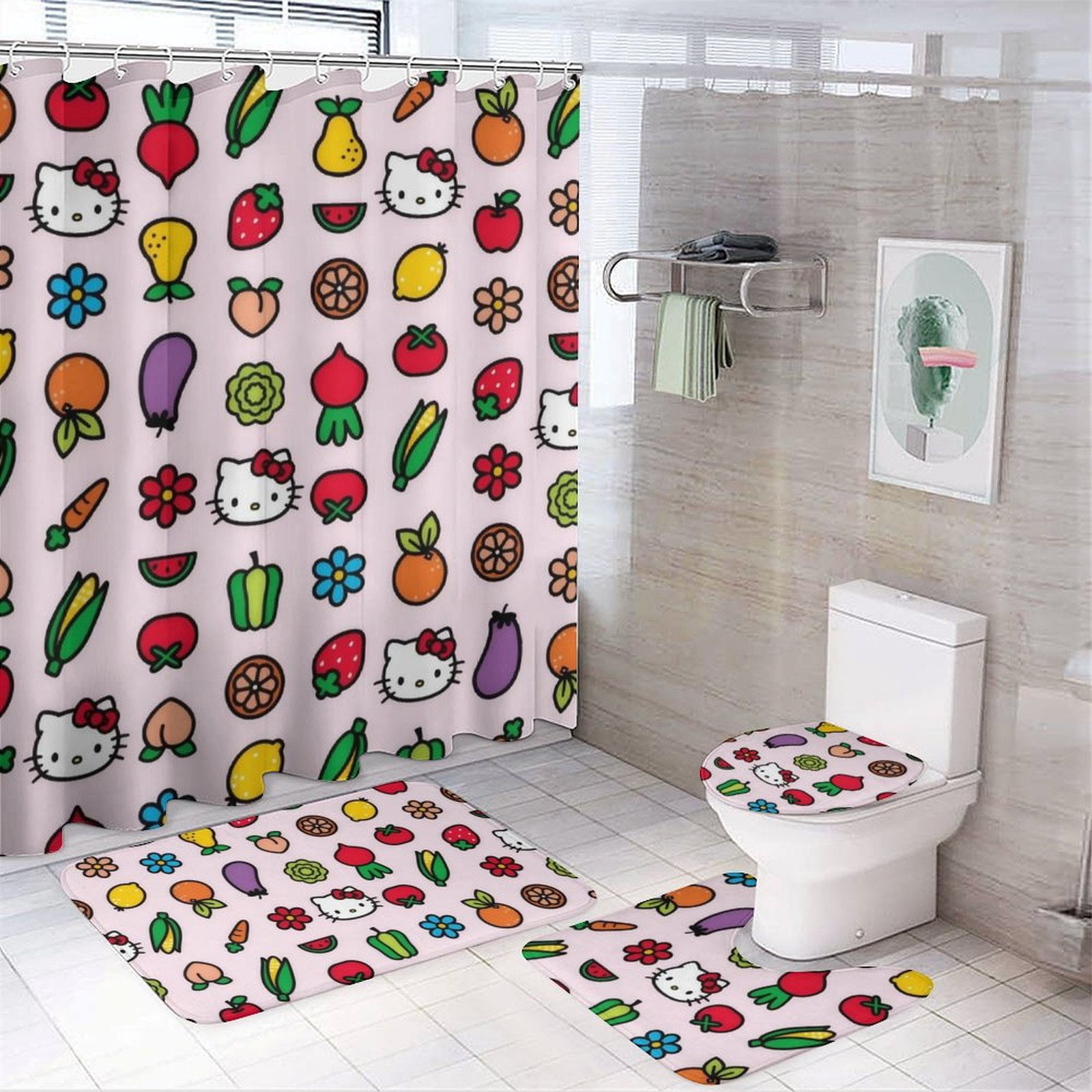 Cartoon 72*72in HelloKitty Shower Curtain Four-Piece Set Floor Mat Toilet Lid Bathroom ...