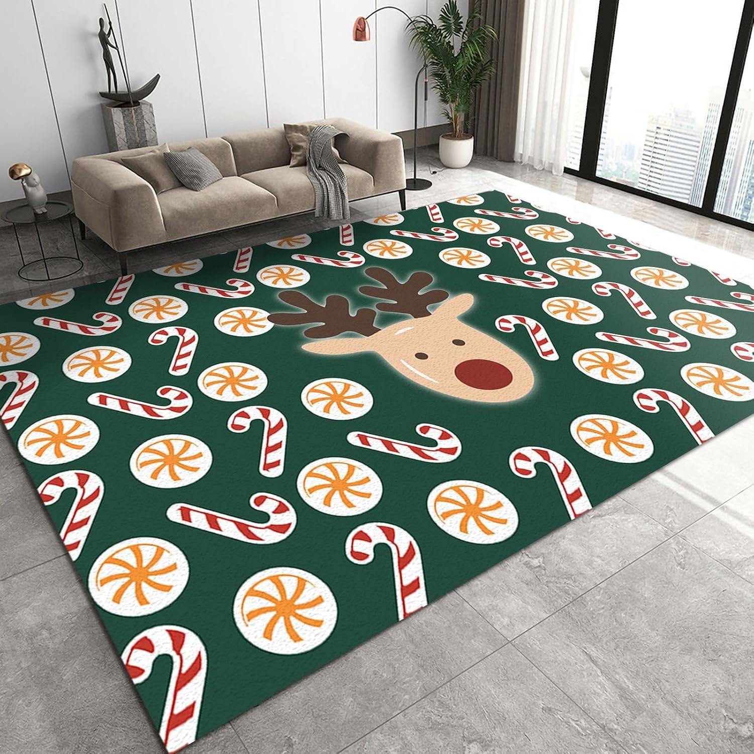 Cartoon Abstract Elk Windmill Sled Kids Rug, Christmas Dark Green Area ...