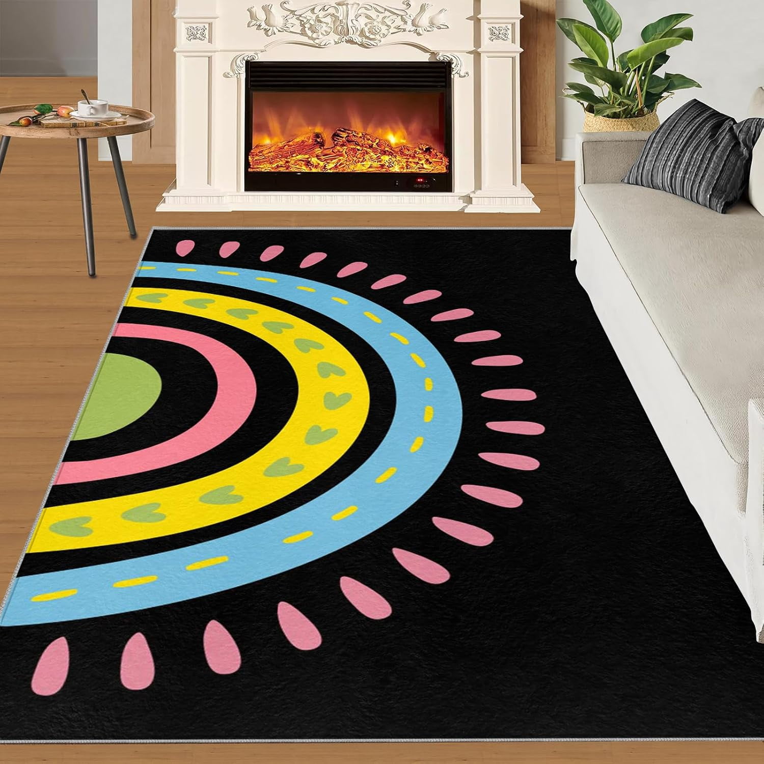 Cartoon Abstract Geometric Rainbow Rug，Modern Style Black Bathroom Rugs ...