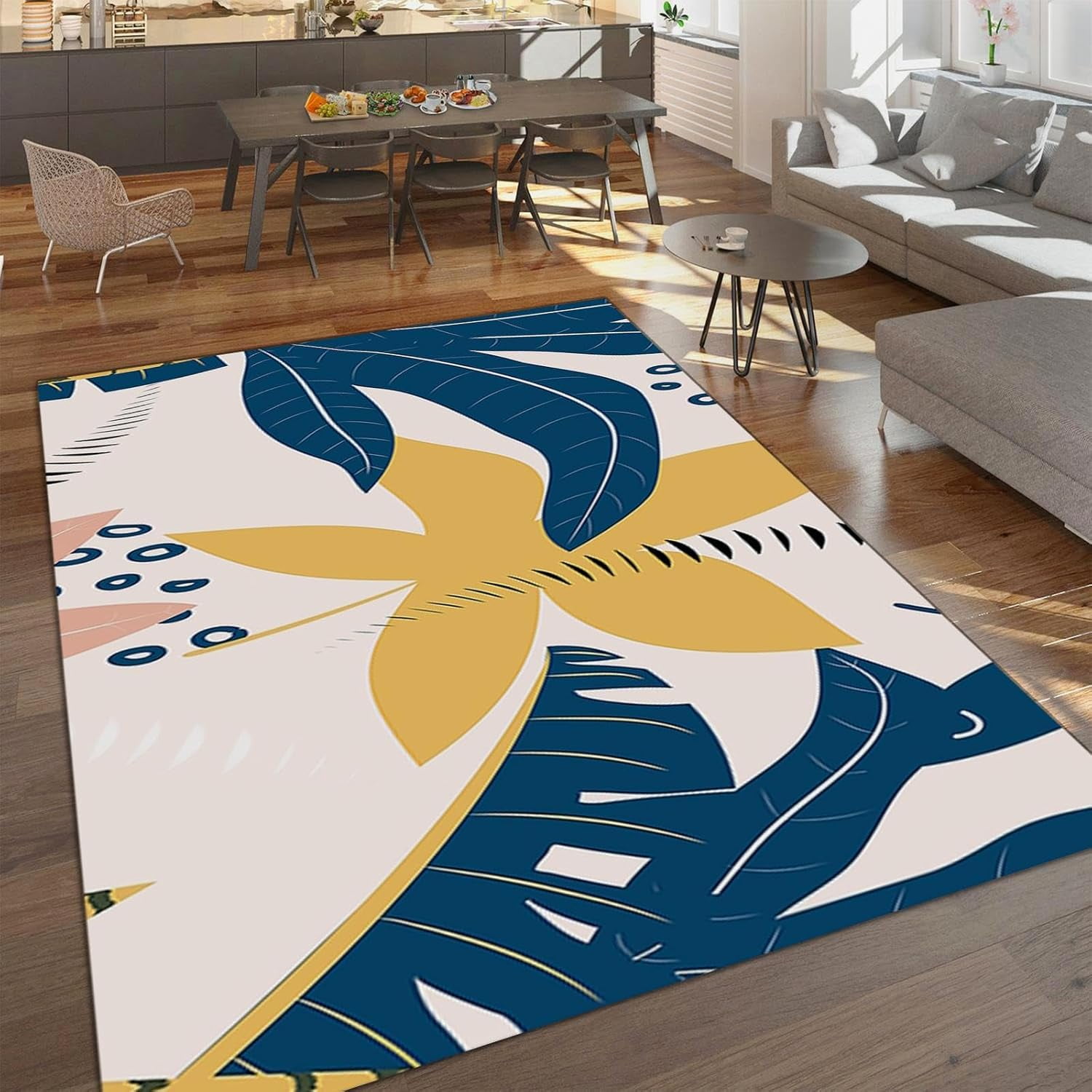 Cartoon Abstract Kids Art Area Rug, Blue Yellow Tropical Plants Rug ...