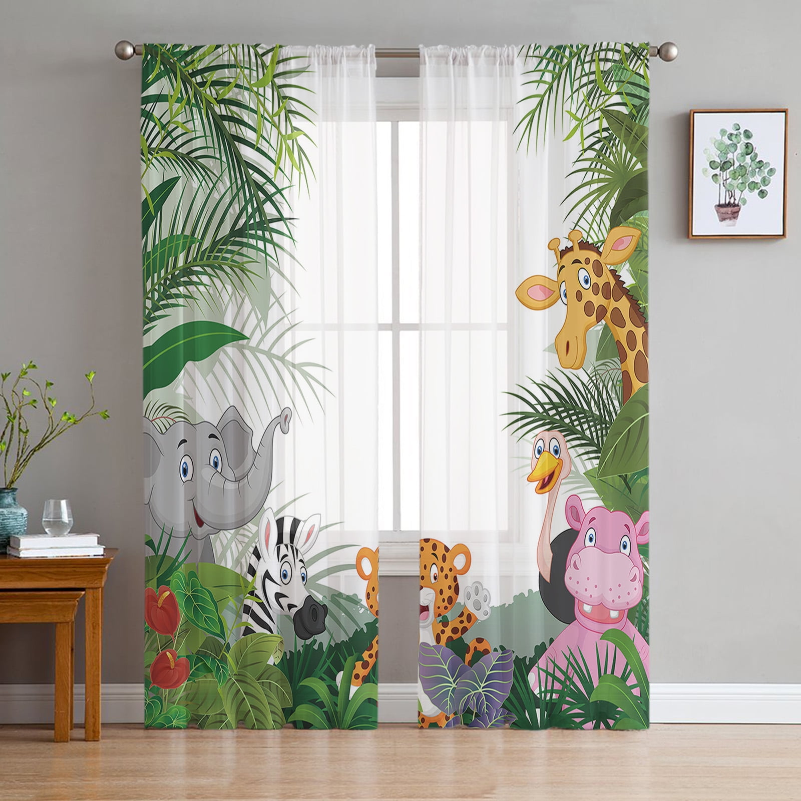 Cartoon African Animals Elephant Giraffe Sheer Curtains for Living Room ...