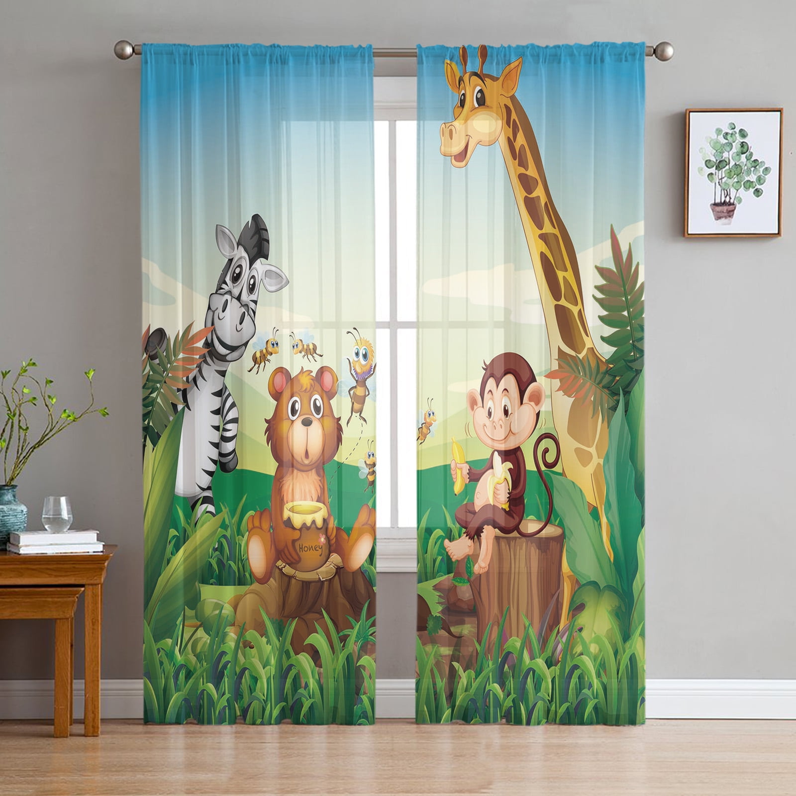 Cartoon African Animals Elephant Giraffe Sheer Curtains for Living Room ...