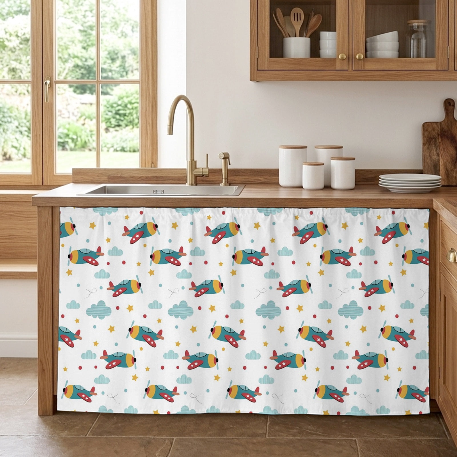 Cartoon Aircraft Cabinet Curtains 28" W x 51" L Blue Cloud Yellow Star ...