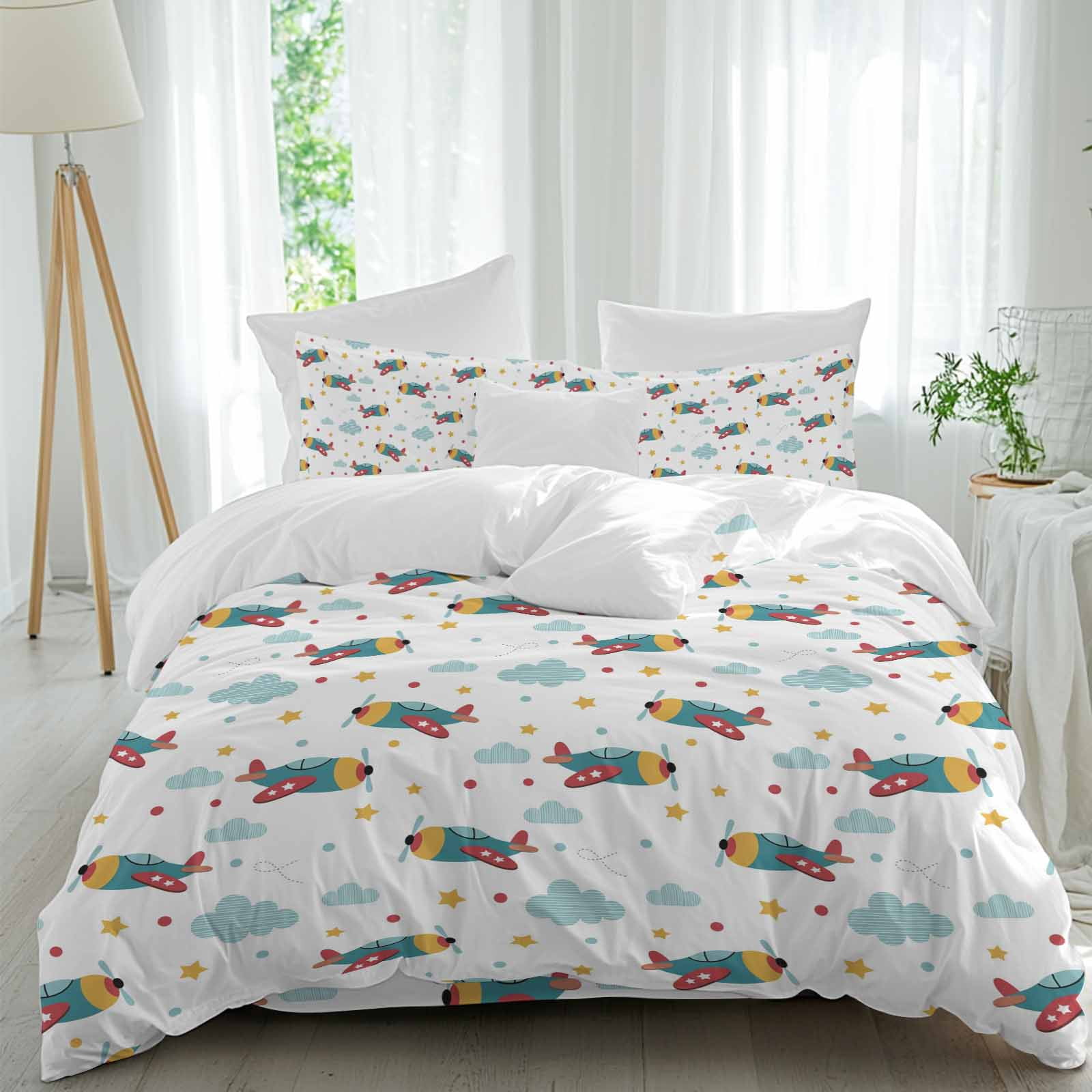 Cartoon Aircraft Comforter Set Queen Size, Blue Cloud Yellow Star ...