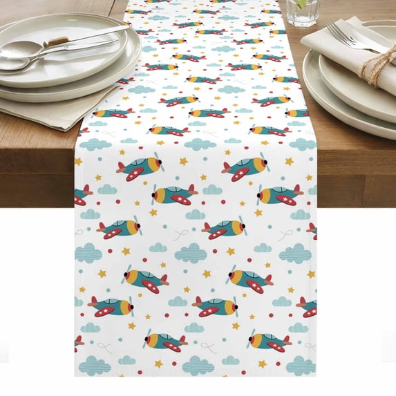 Cartoon Aircraft Cotton Linen Table Runner Blue Cloud Yellow Star ...