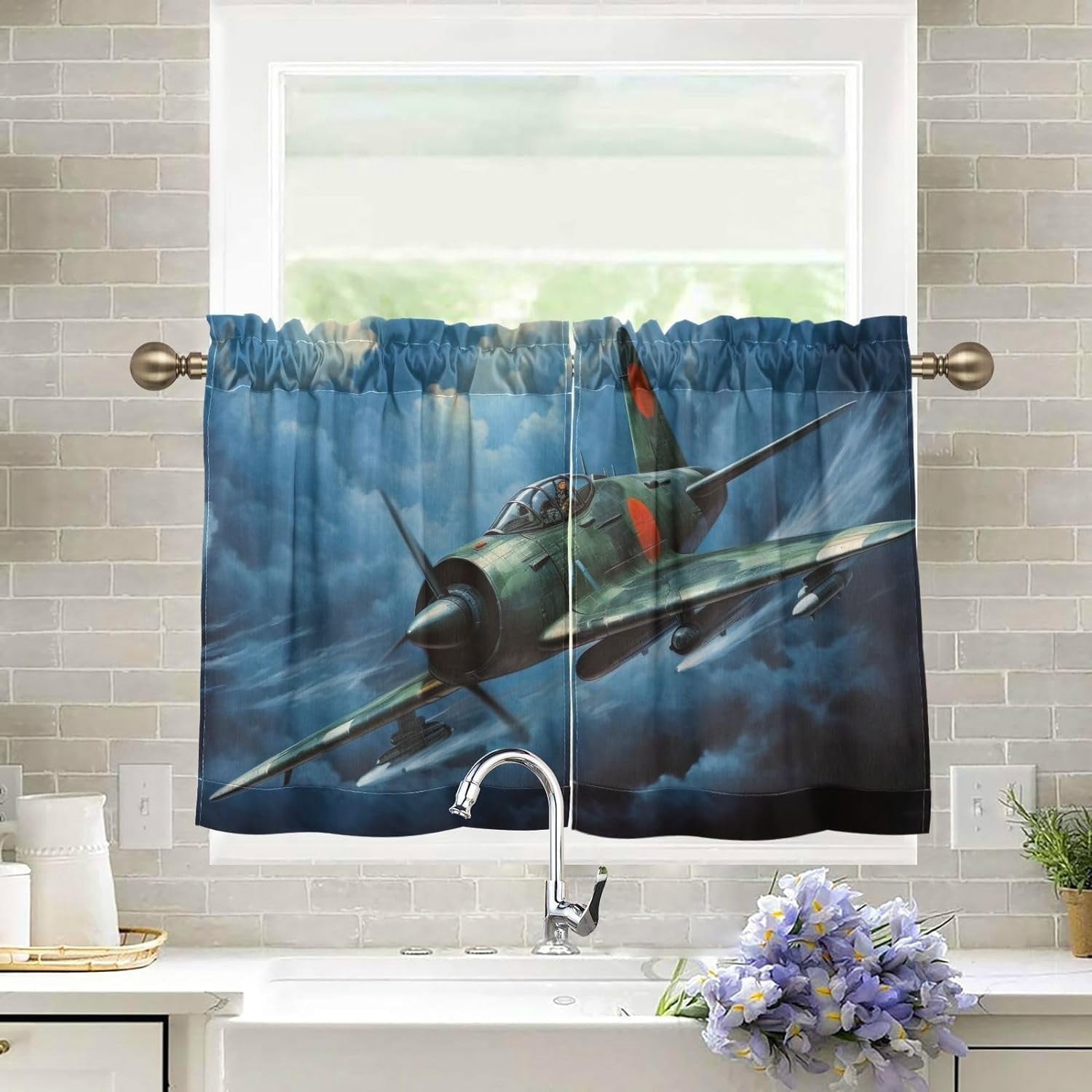 Cartoon Aircraft Half Window Tier Curtains 24 Inch Blackout Thermal ...
