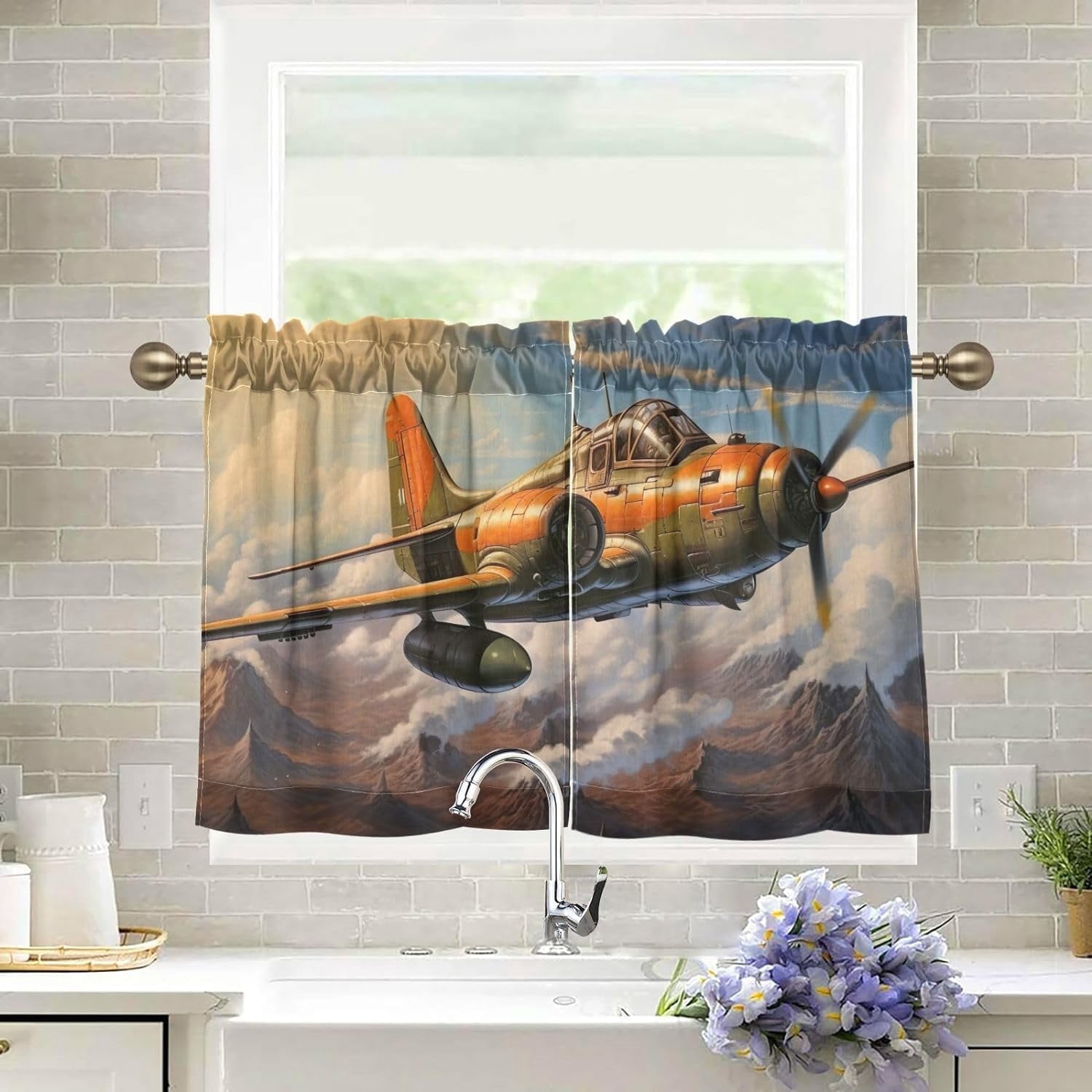 Cartoon Aircraft Half Window Tier Curtains 36 Inch Blackout Thermal ...