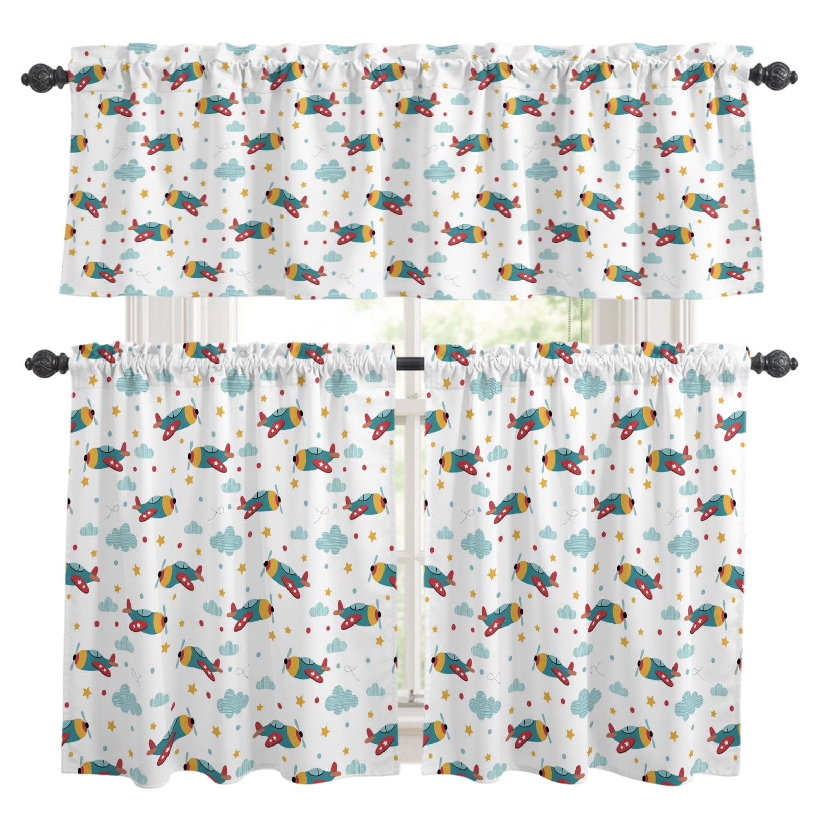 Cartoon Aircraft Kitchen Curtains Set for Windows, Blue Cloud Yellow ...