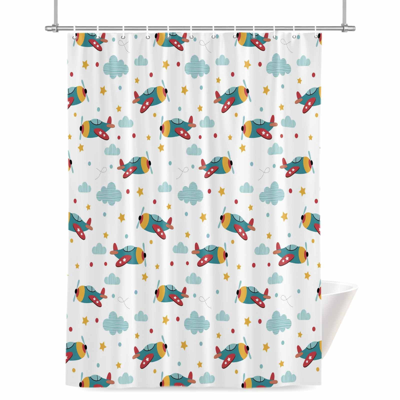 Cartoon Aircraft Shower Curtains for Bathroom, Blue Cloud Yellow Star ...