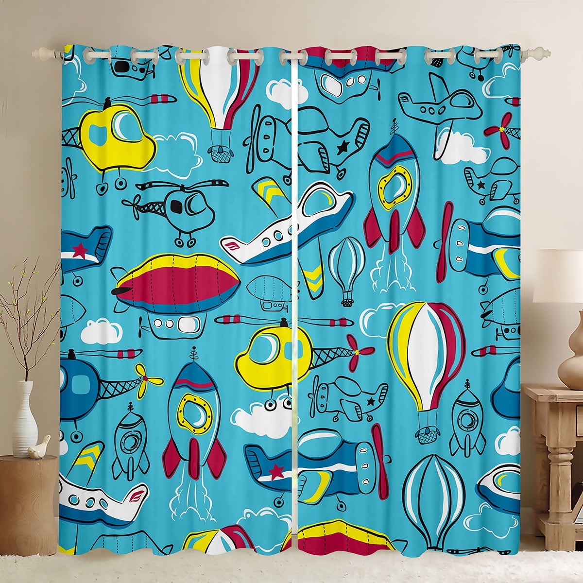 Cartoon Airplane Curtains Flight Aircraft Air Balloon Blackout Curtains ...