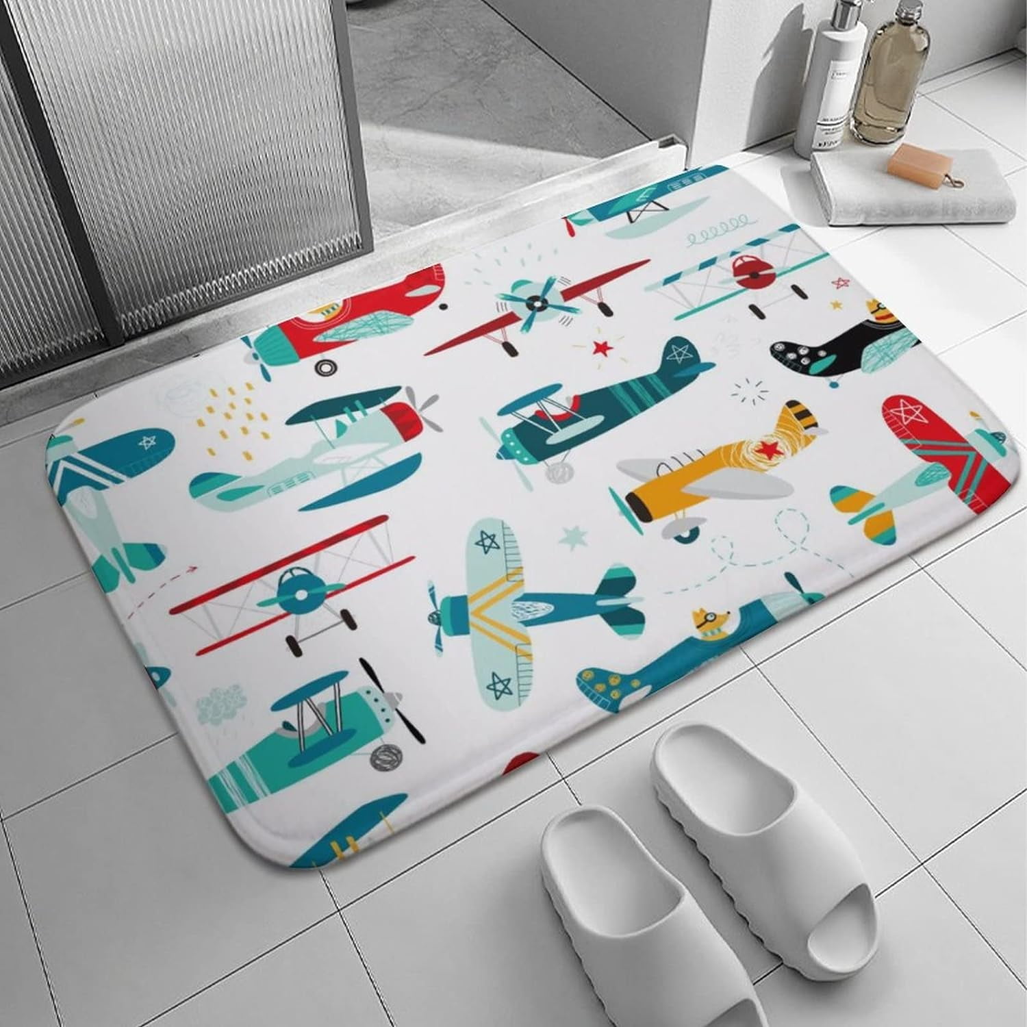 Cartoon Airplane Helicopter Bath Rugs Absorbent Non Slip Door Mats Soft ...