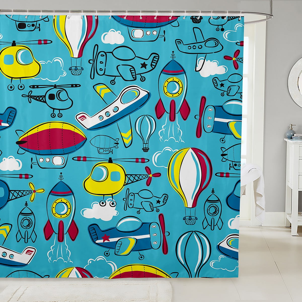 Cartoon Airplane Shower Curtain Flight Aircraft Air Balloon Fabric ...