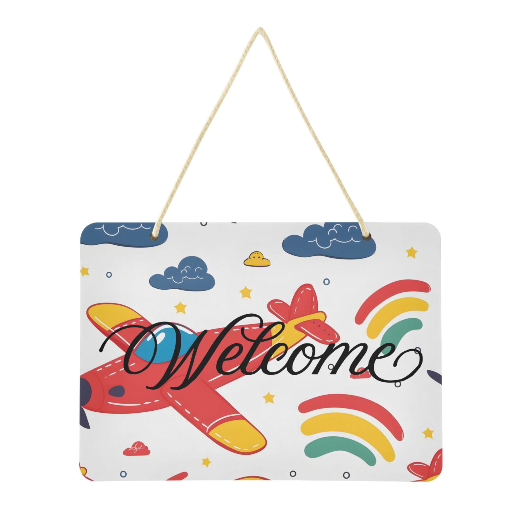Cartoon Airplane Welcome Sign Front Door PVC 14x10 inch Hanger Hello ...