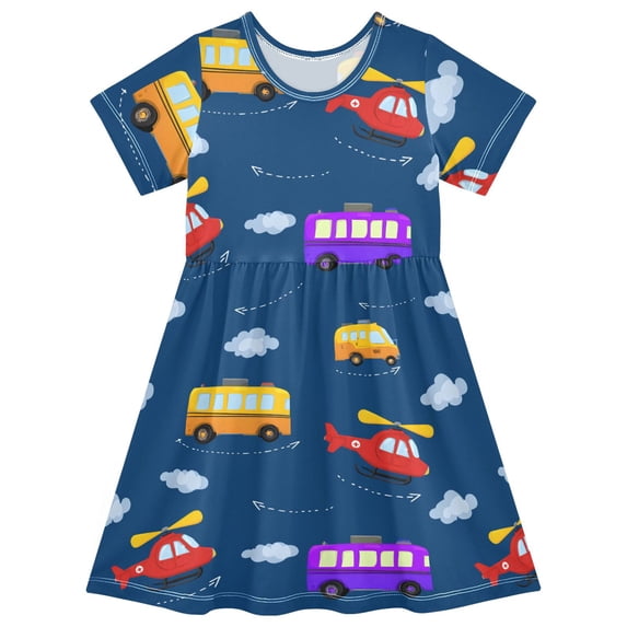 Cartoon Airplane and Car Pattern Girls Short Sleeve Dress A Line Sun ...