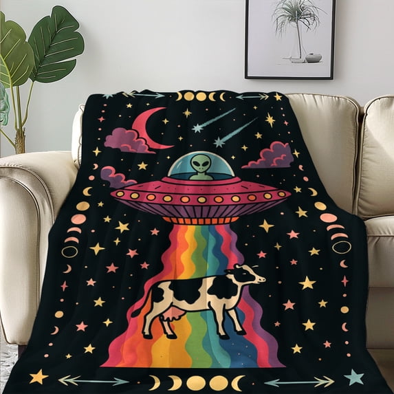 Cartoon Alien UFO Cow Galaxy Stars Moon Rainbow Print Flannel Blanket ...