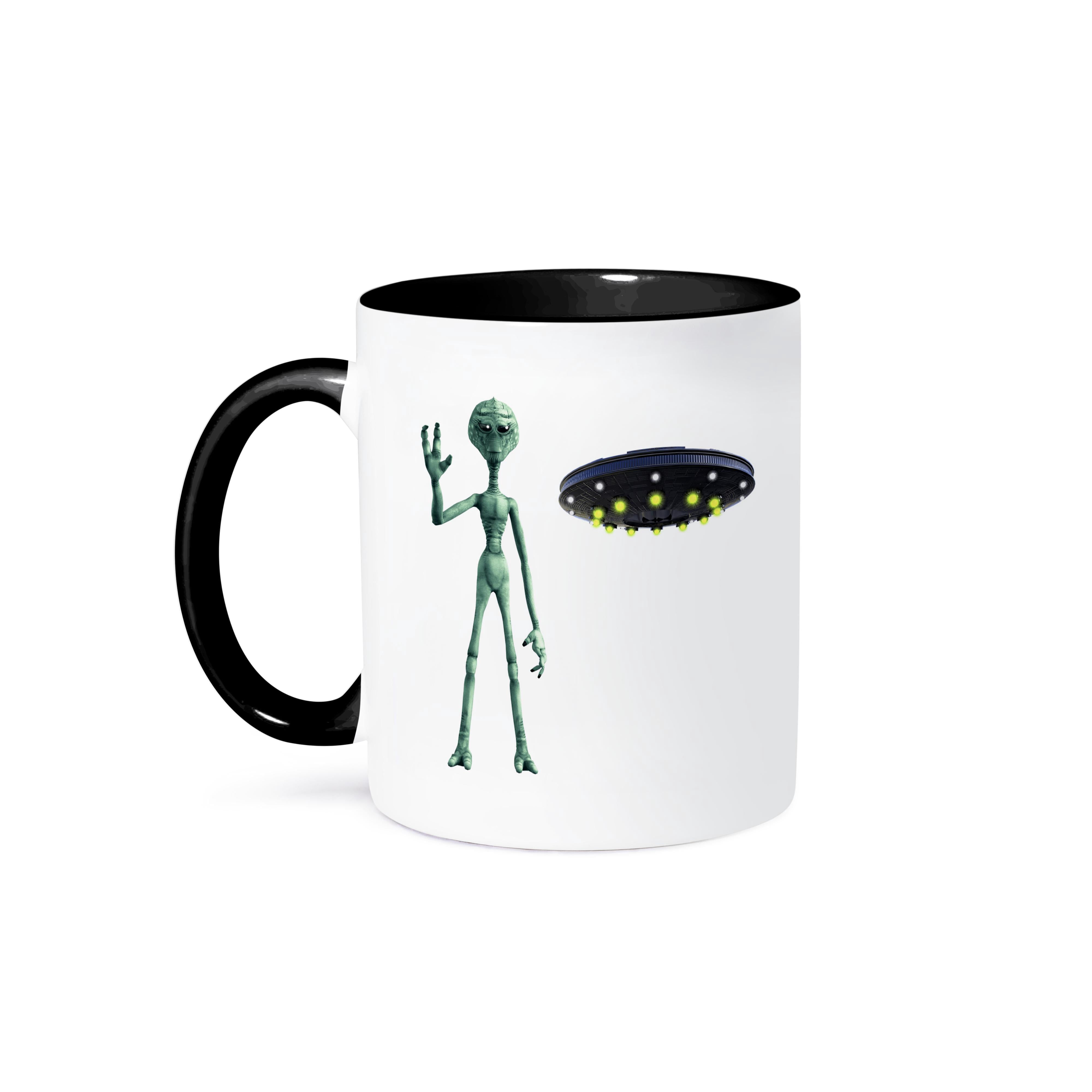 3dRose, Cartoon Alien from Outer Space and Flying Saucer, 15oz Two-Tone ...