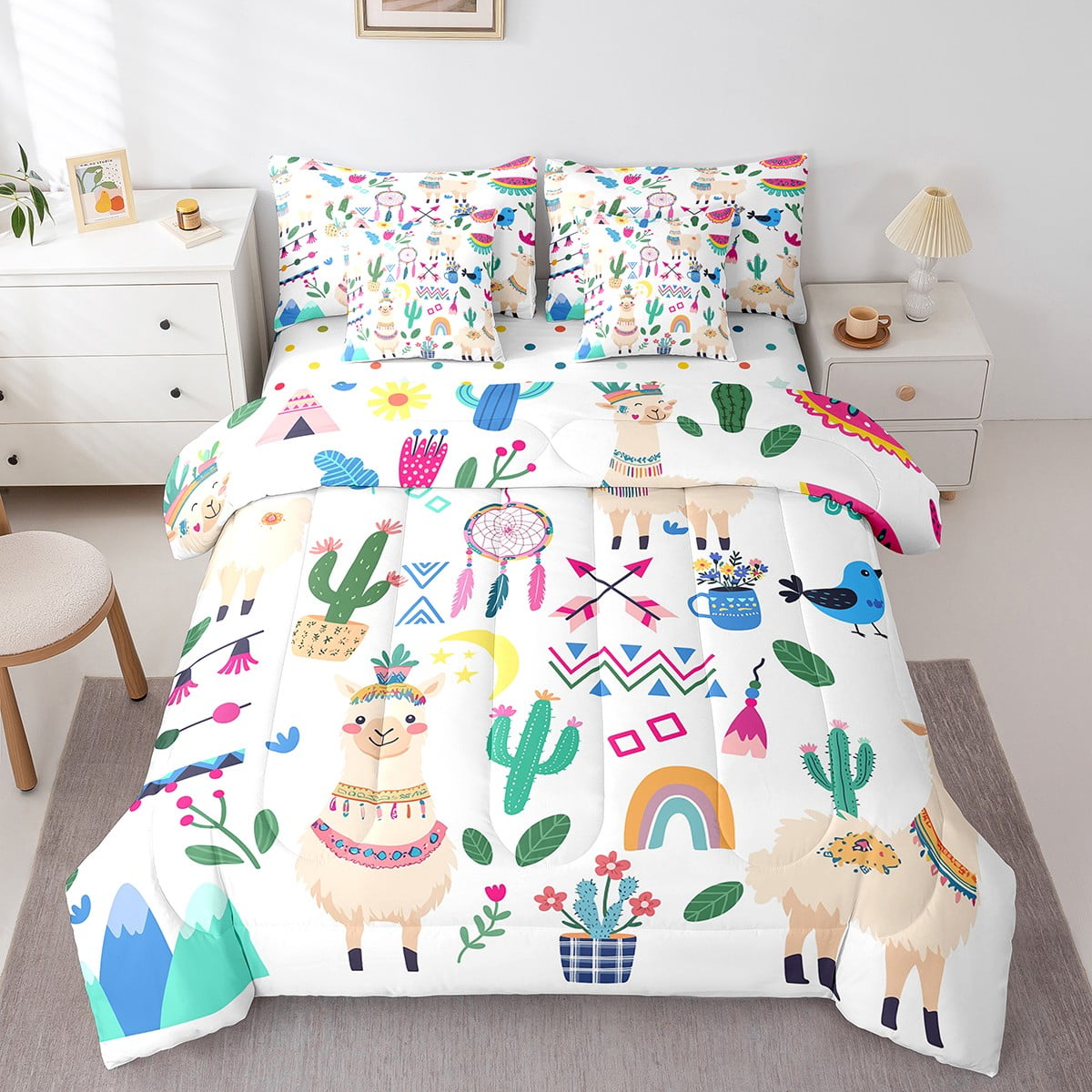 Cartoon Alpaca 7 Piece Comforter Set Full Bed in a Bag,Cute Llama Sheep ...