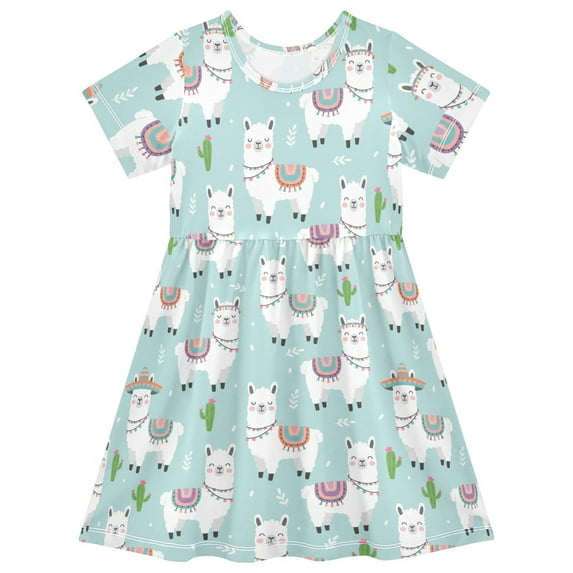 Cartoon Alpacas Short Sleeve Dress A-Line Cute Midi Casual Sundress 2-8 ...