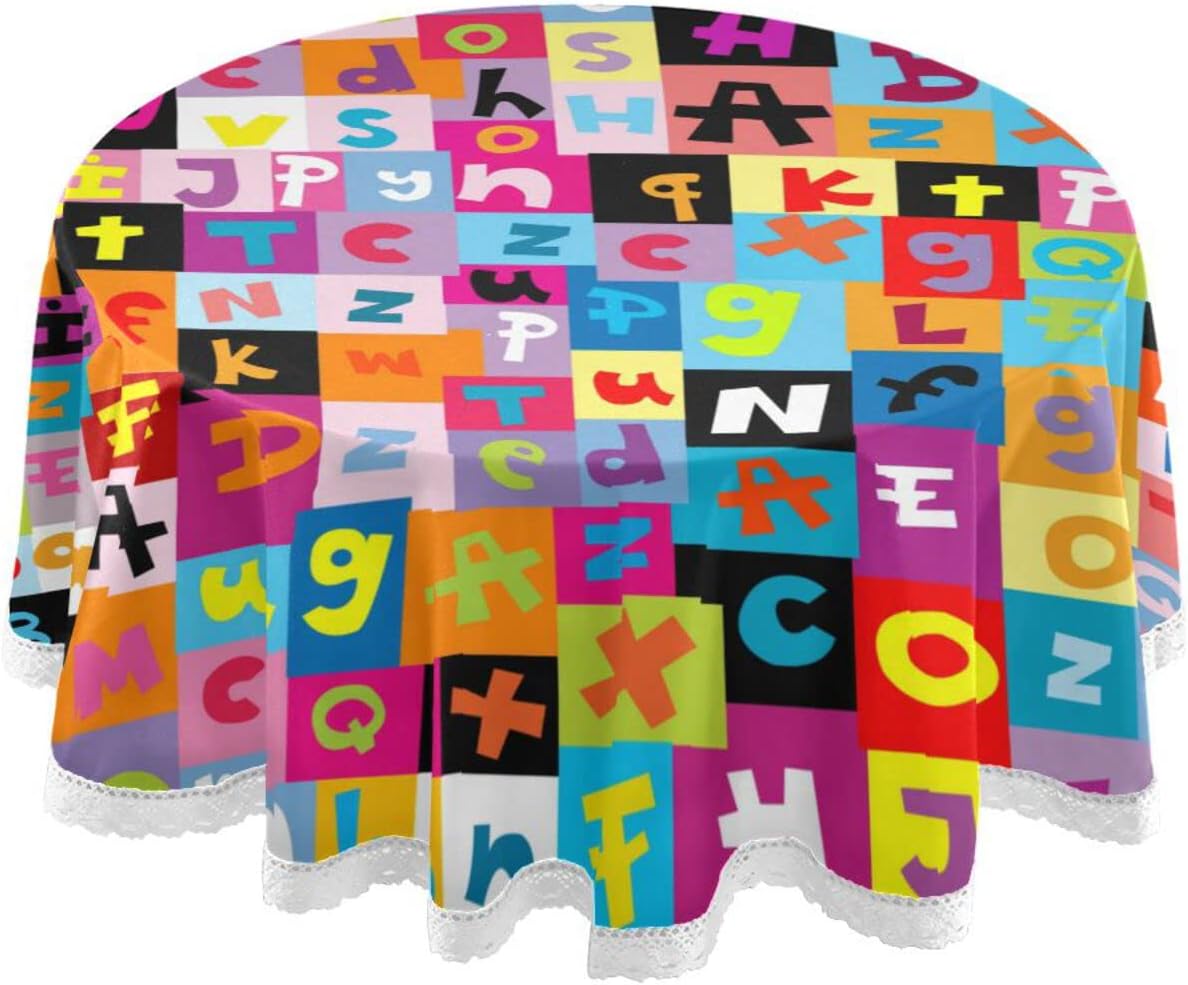 Cartoon Alphabet Round Tablecloth 60 inch Lace Border Table Cover Thick ...