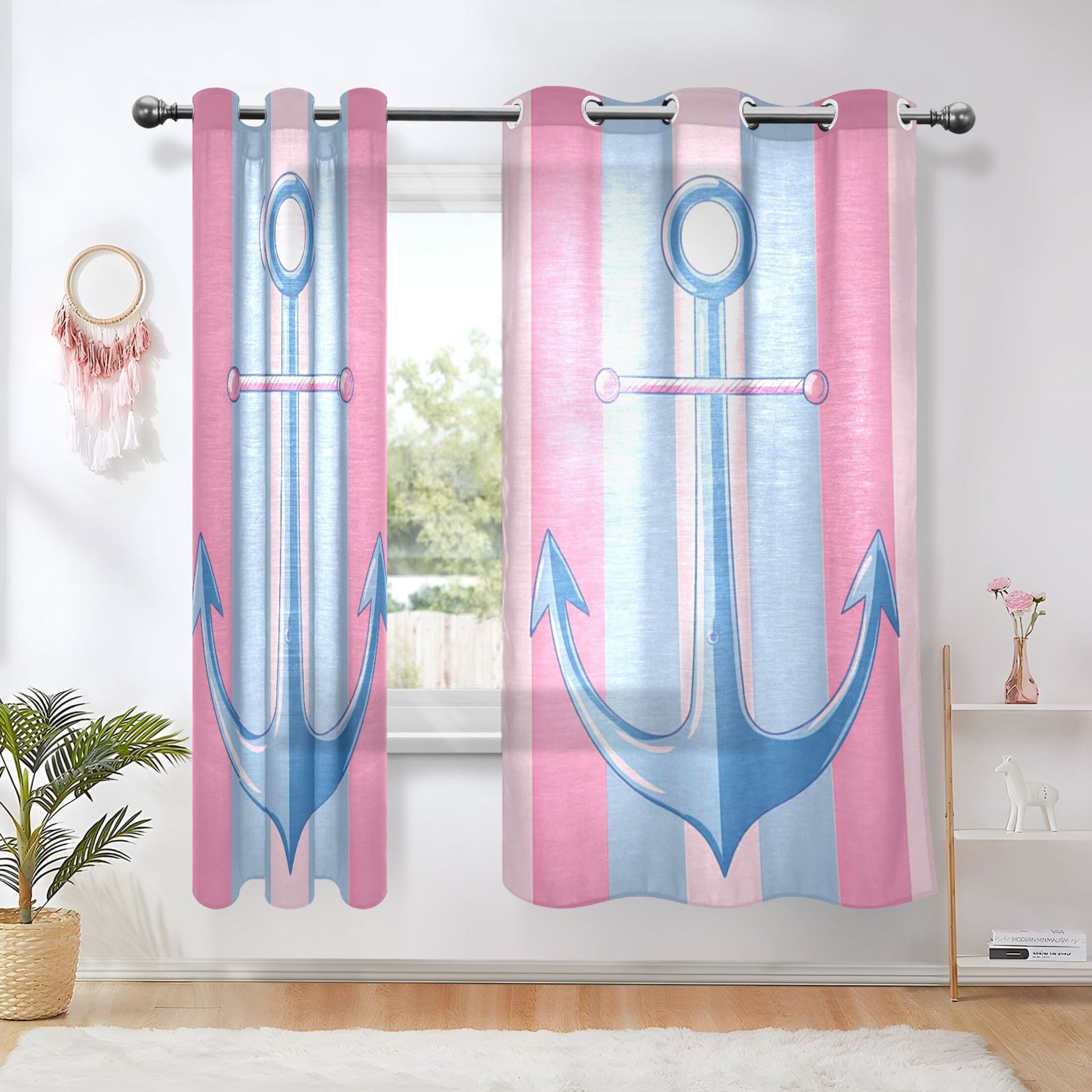 Cartoon Anchor Sheer Curtains 2 Panels Set Grommet Drapes for Bedroom ...