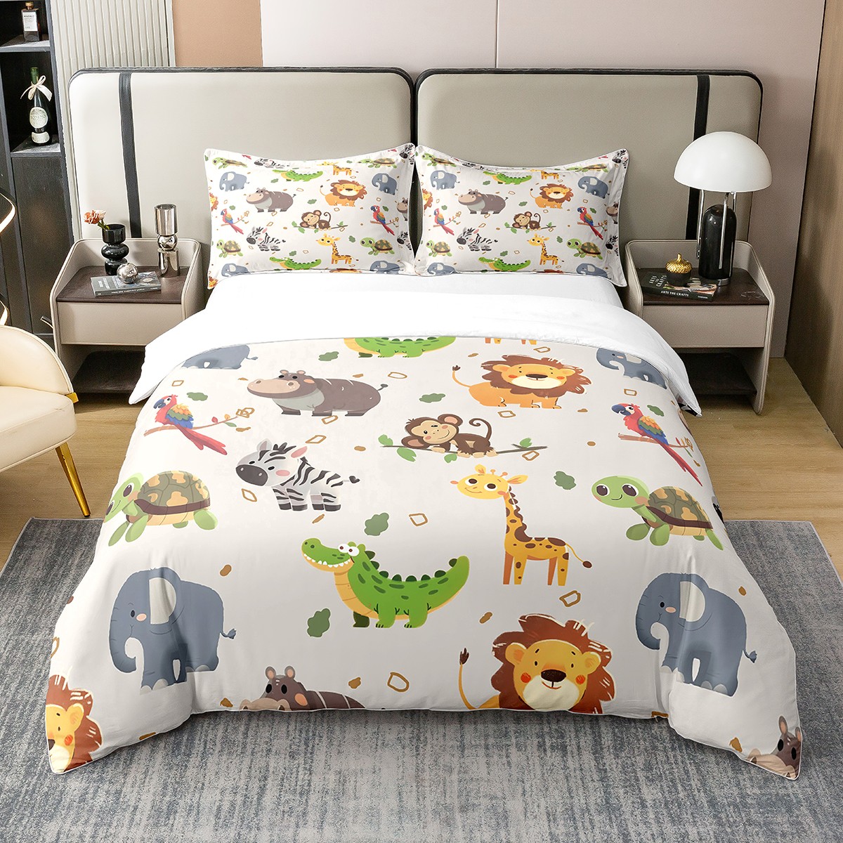 Cartoon Animal 100% Cotton Duvet Cover King Monkey Lion Giraffe Bedding ...