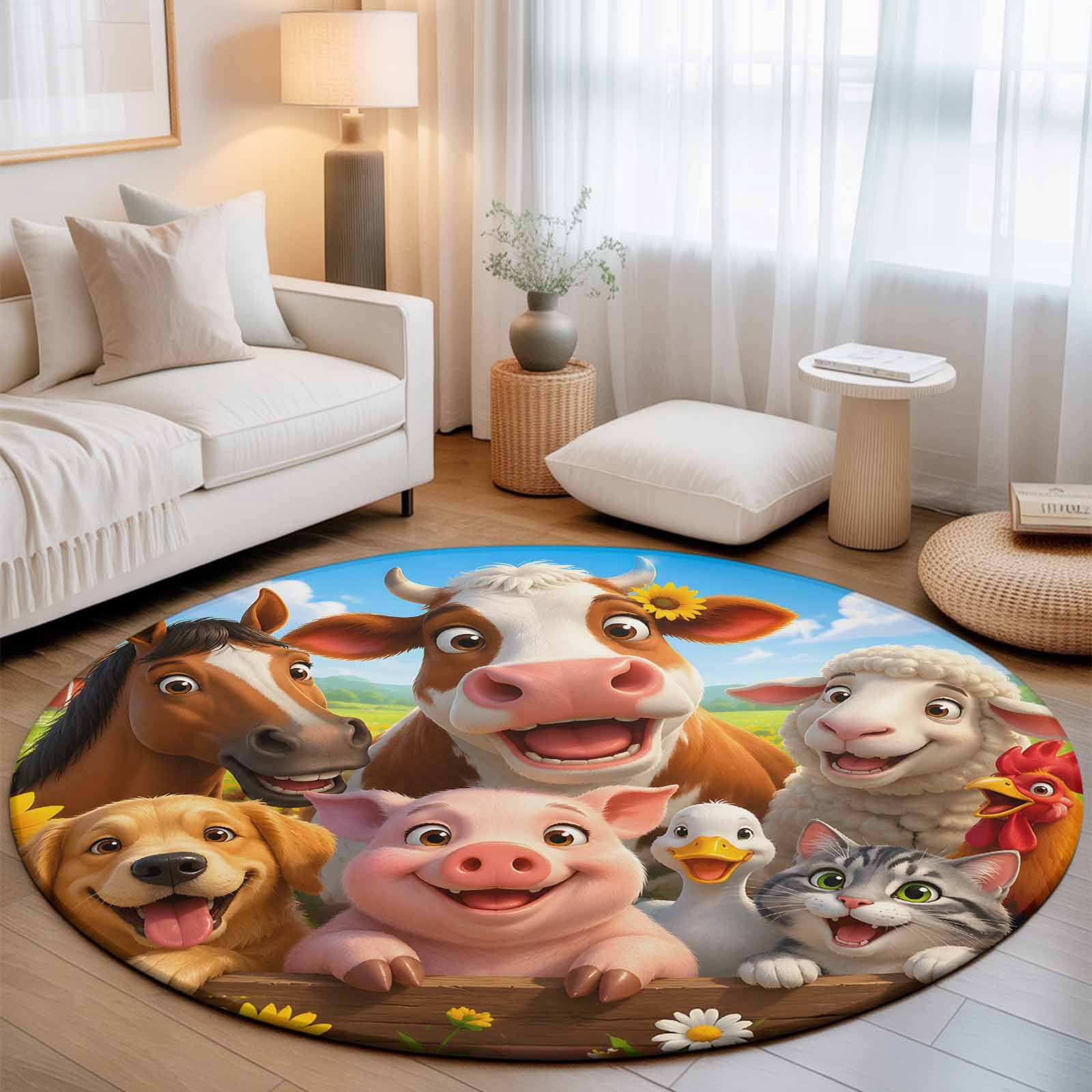 Cartoon Animal 4' Round Rug for Cozy Reading Nook Home Office Chair ...