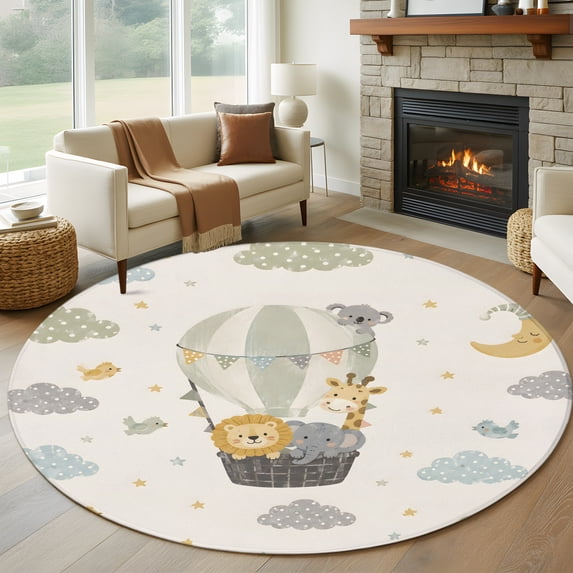 Cartoon Animal 8FT Round Area Rugs for Living Room Hot Air Balloon Lion ...