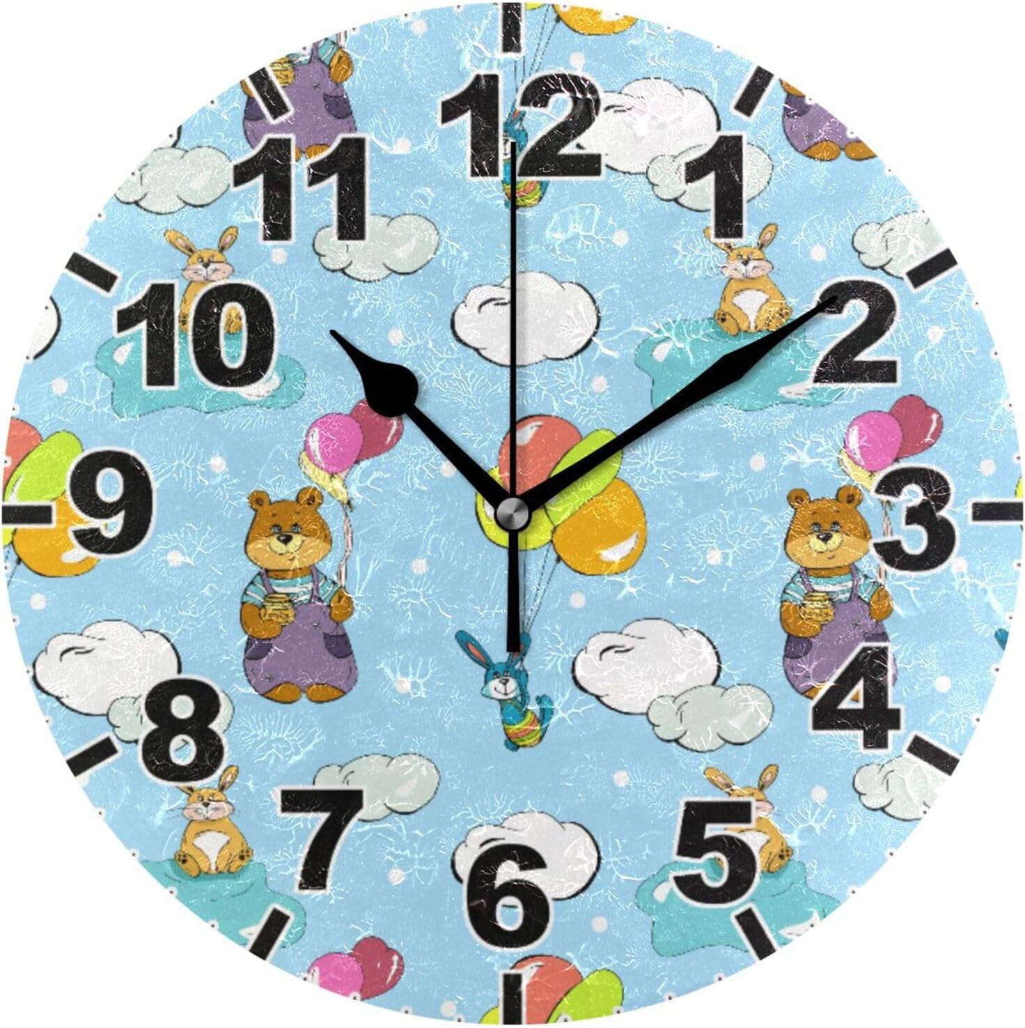 Cartoon Animal Bear Rabbits Balloons in The Clouds Round Wall Clock ...