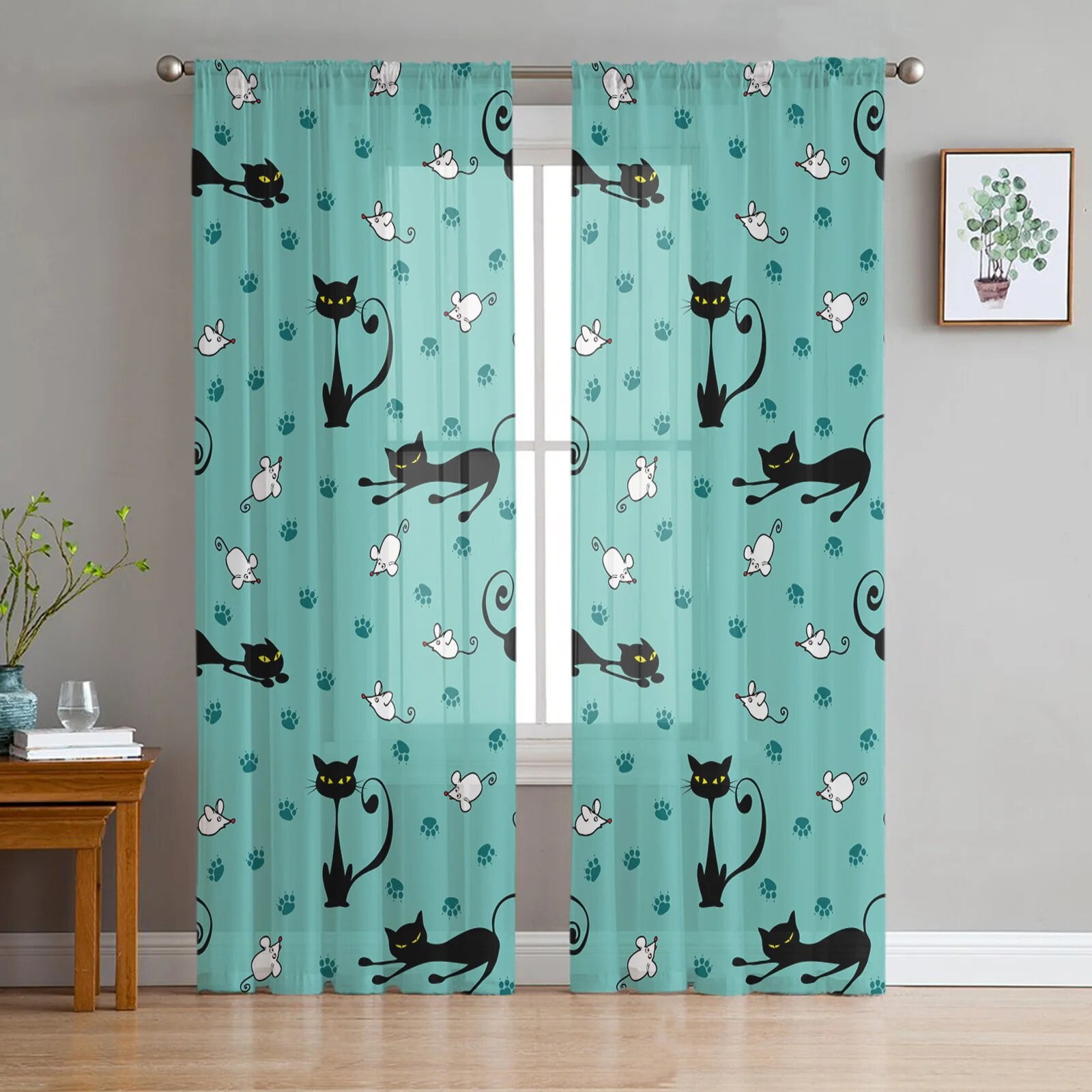 Cartoon Animal Black Cat Mouse Tulle Curtains For Living Room Bedroom ...