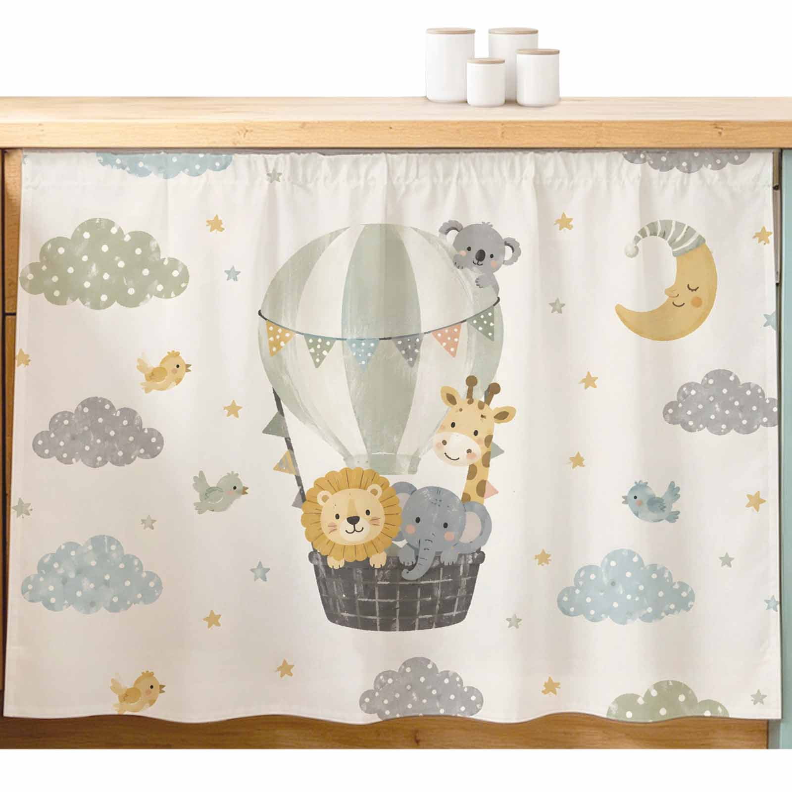 Cartoon Animal Cabinet Curtains 10" W x 11" L, Hot Air Balloon Lion ...