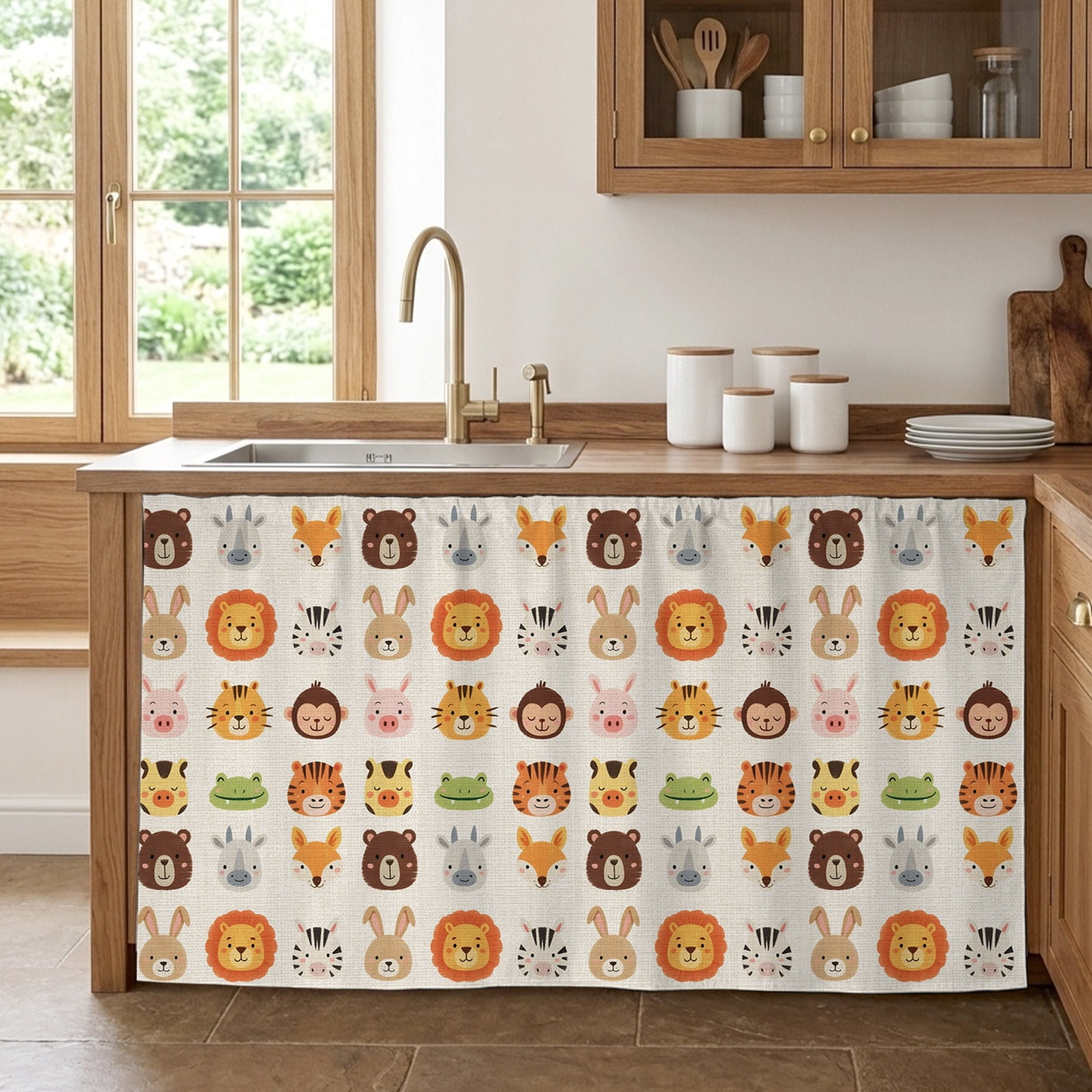 Cartoon Animal Cabinet Curtains 28" W x 51" L, Lion Tiger Monkey Zebra ...