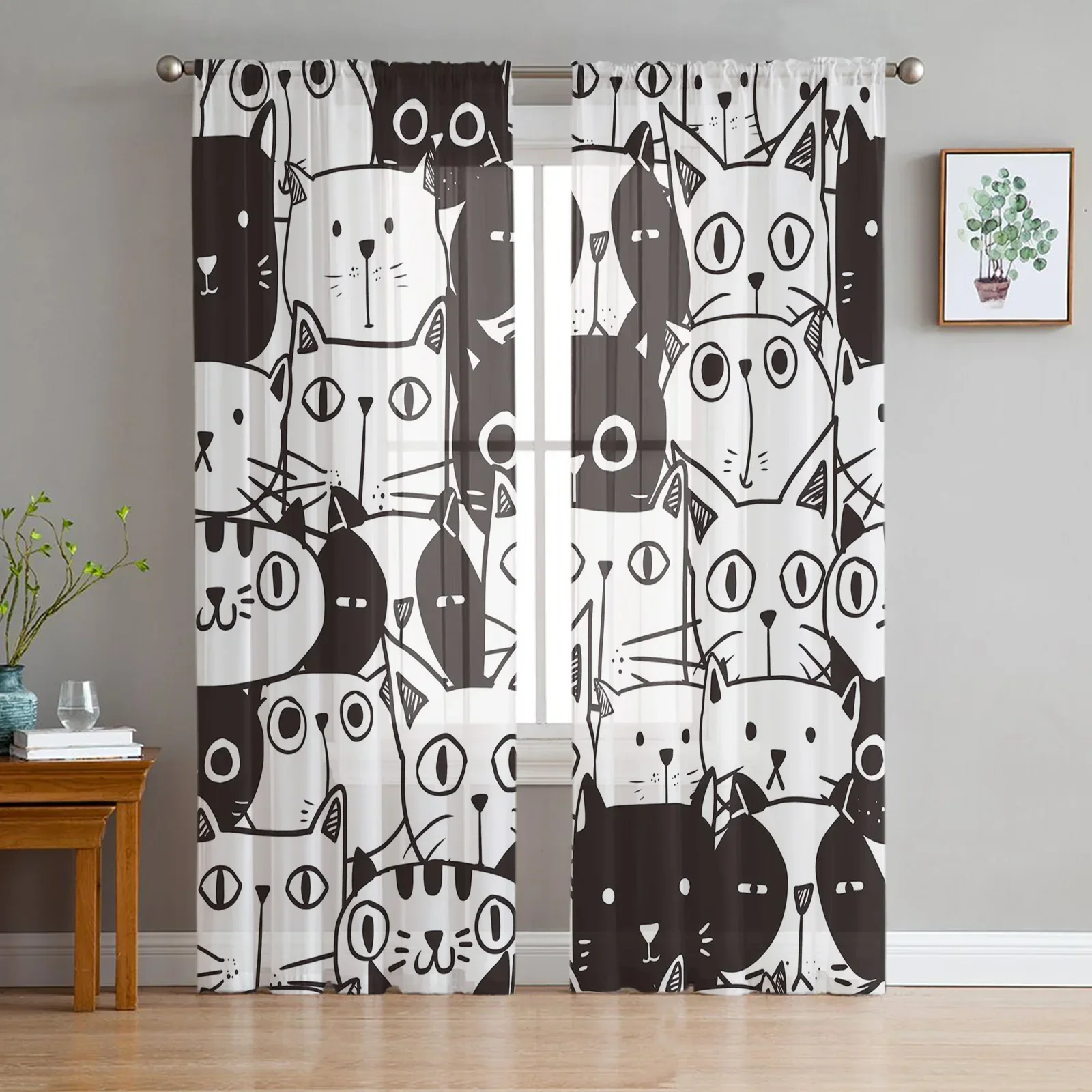 Cartoon Animal Color Cat Tulle Window Curtains Living Room Organza Yarn ...
