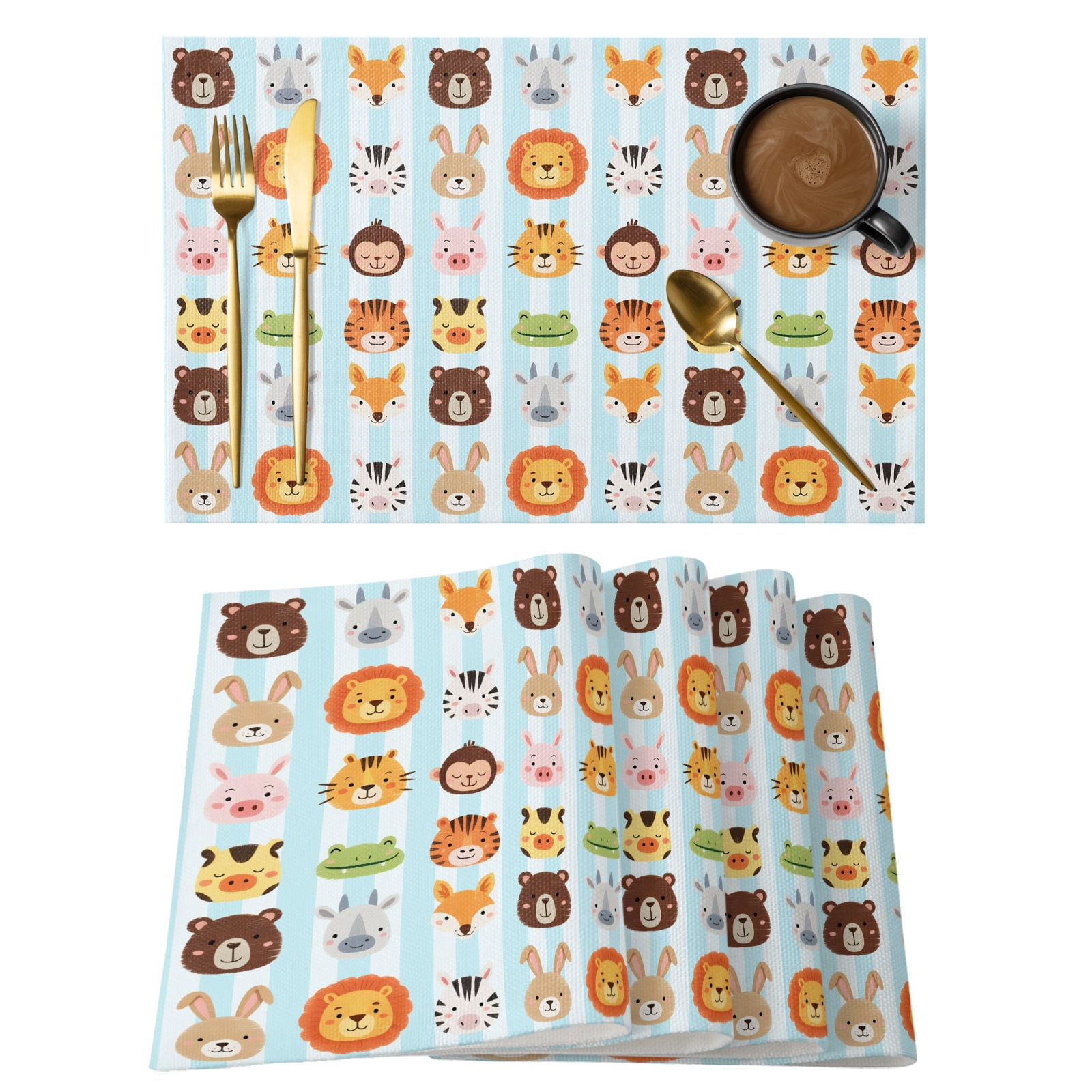 Cartoon Animal Cotton Linen Placemats Set of 4, Lion Tiger Monkey Zebra ...
