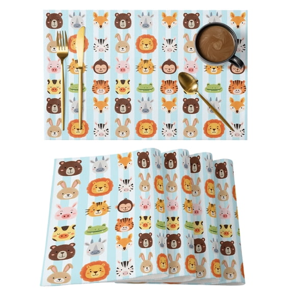 Cartoon Animal Cotton Linen Placemats Set of 4, Lion Tiger Monkey Zebra ...