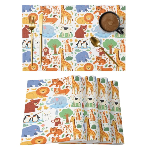 Cartoon Animal Cotton Linen Placemats Set of 4, Tiger Lion Elephant ...